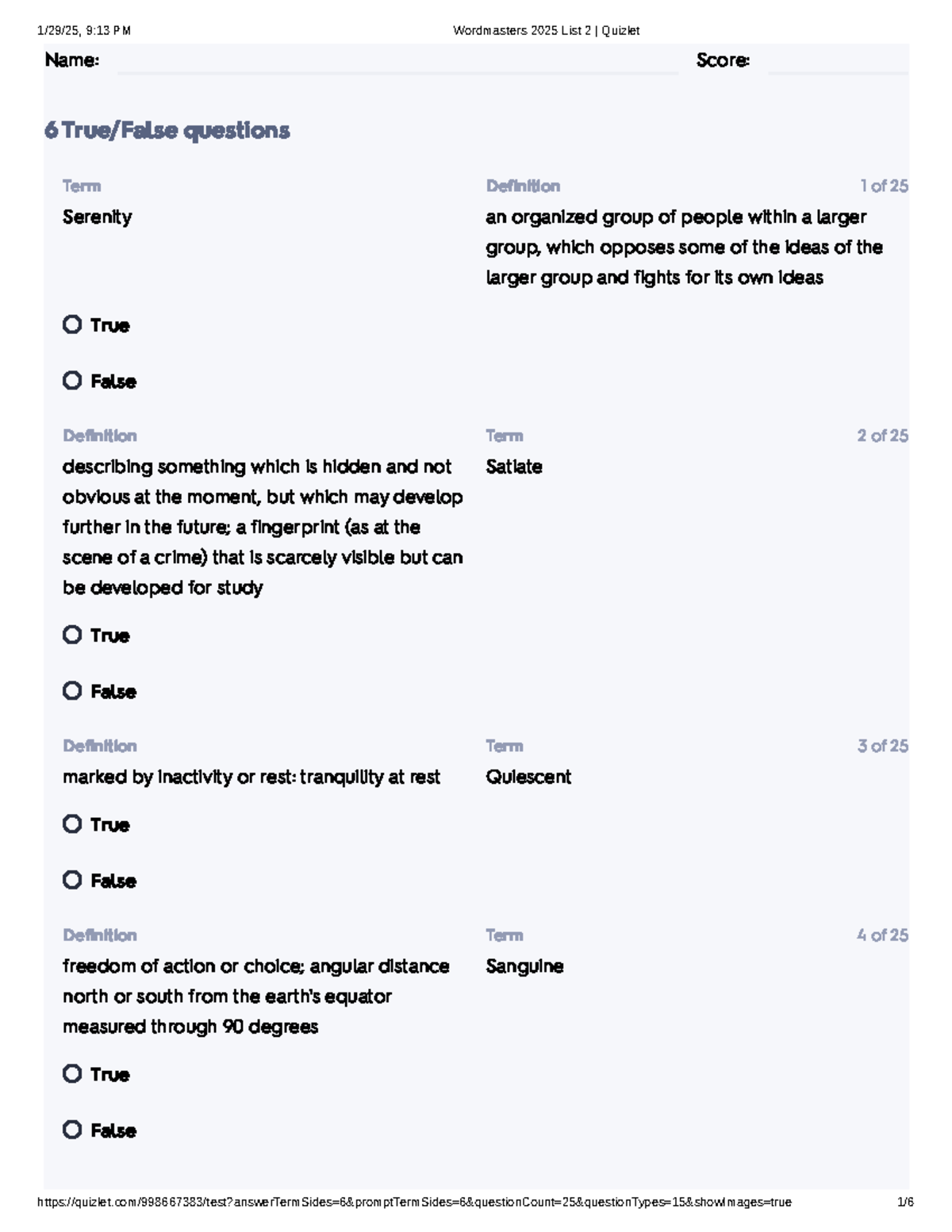 Wordmasters 2025 List 2 Quizlet - Name: Score: 6 True/False questions ...