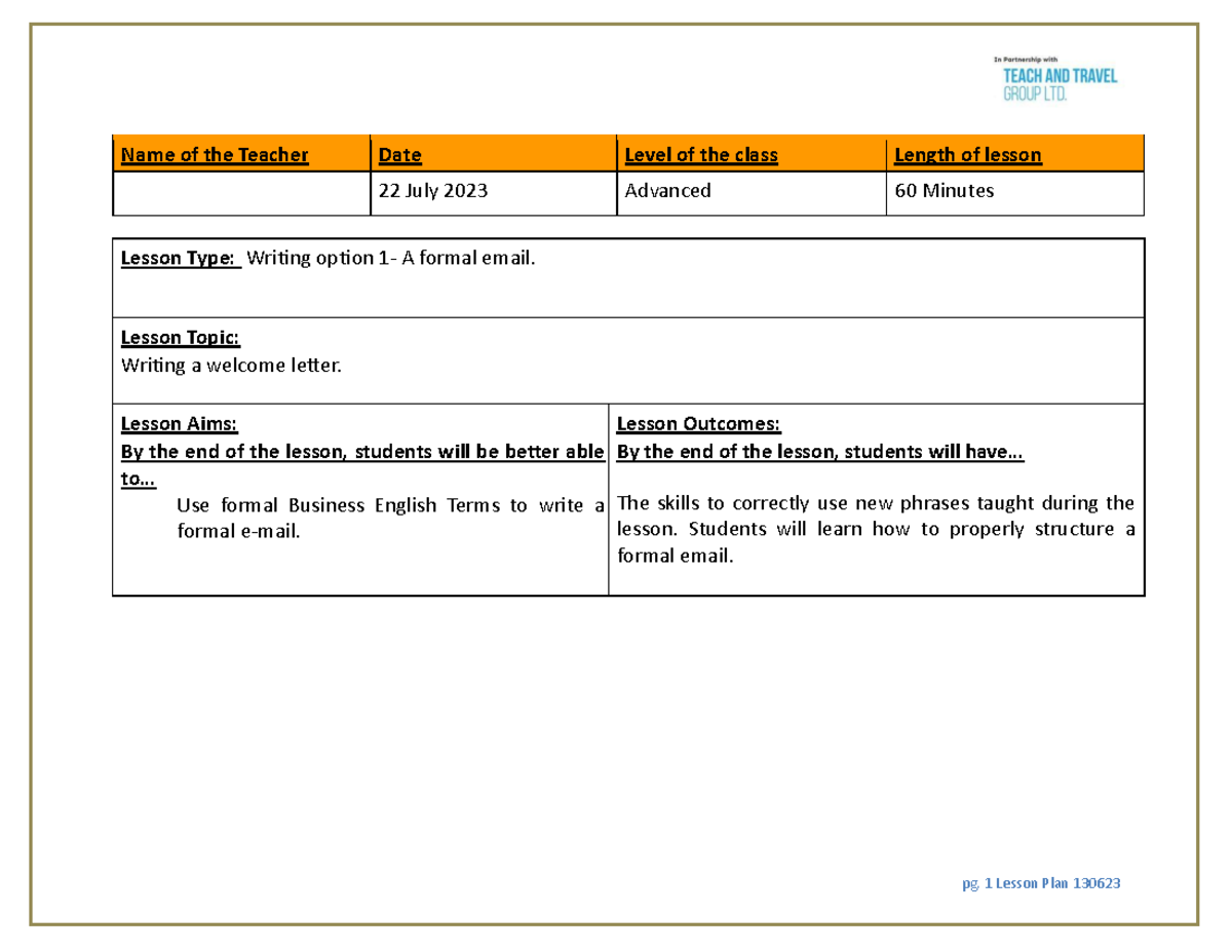 Advanced Writing Lesson Plan: Formal Email Skills (130623) - Studocu