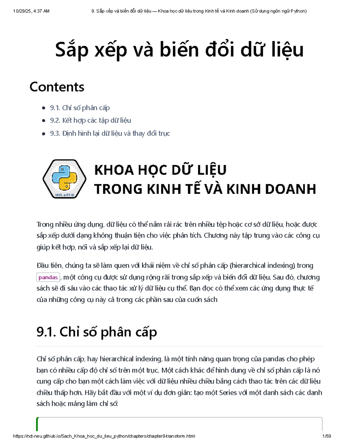9. Sắp xếp và Biến đổi Dữ liệu trong Khoa học Dữ liệu (Python) - Studocu