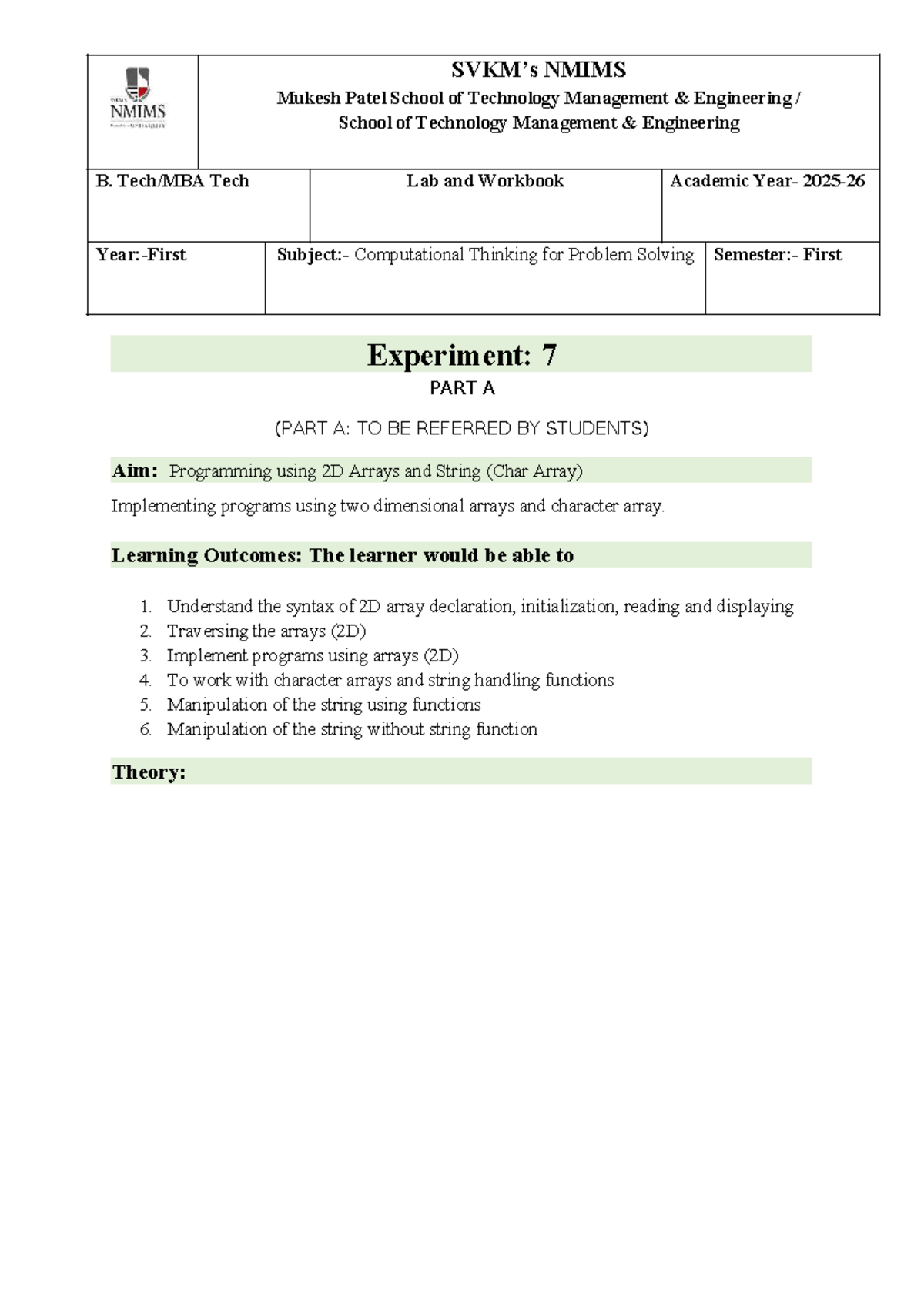 B. Tech Lab Exp-7: 2D Arrays & String Handling in CTPS - Studocu