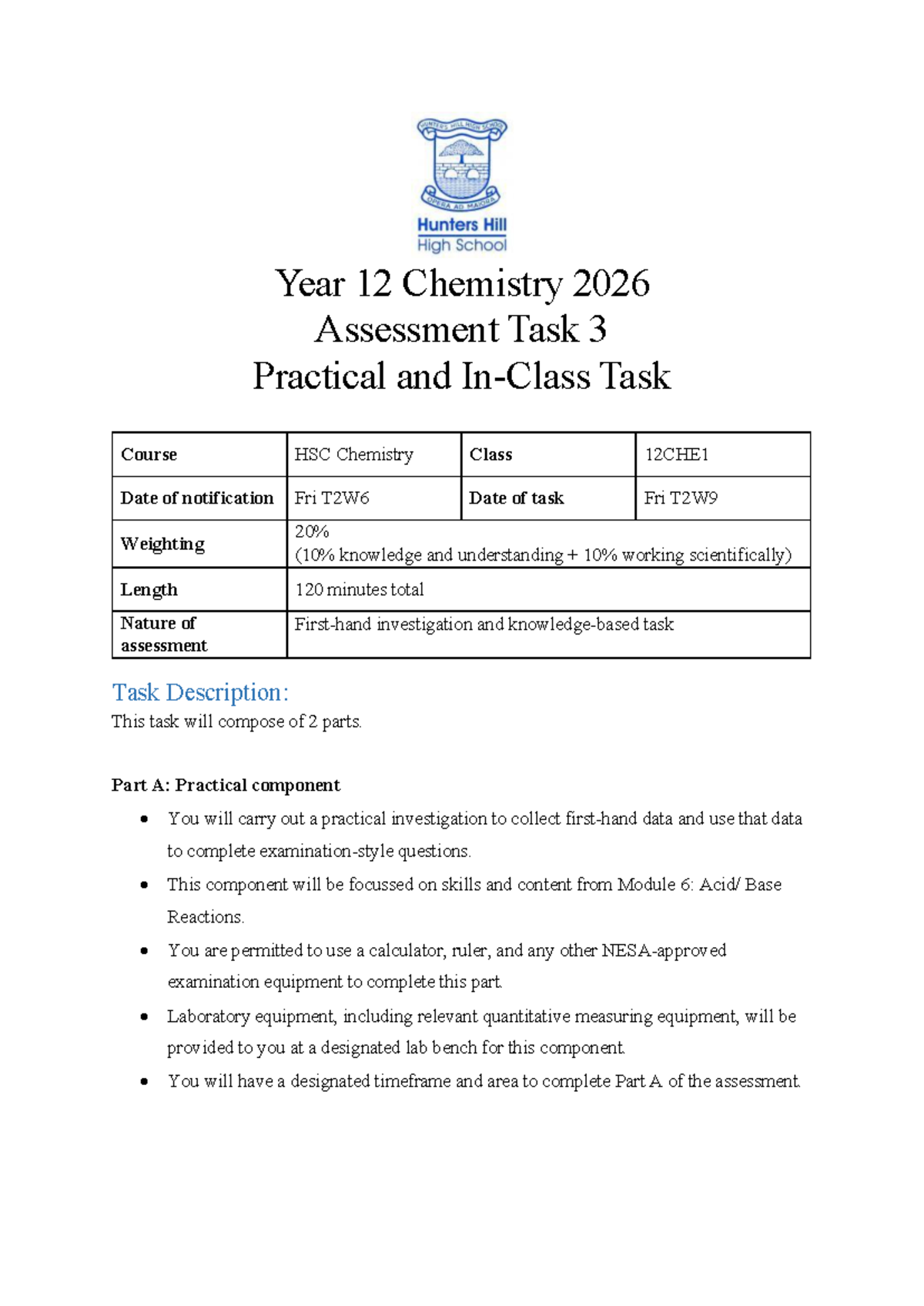 Year 12 Chemistry 12CHE1 AT3 Practical Task Notification - Studocu