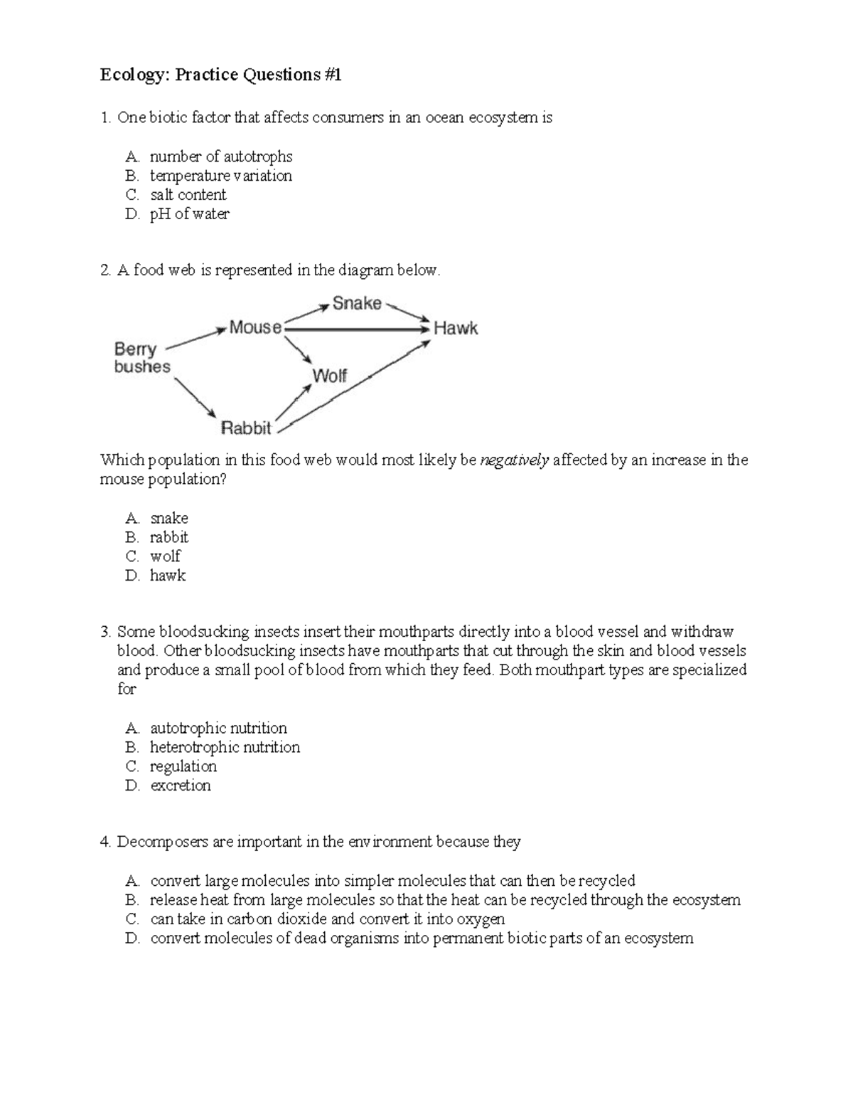 Practice Questions 1 for Ecology Course - Studocu