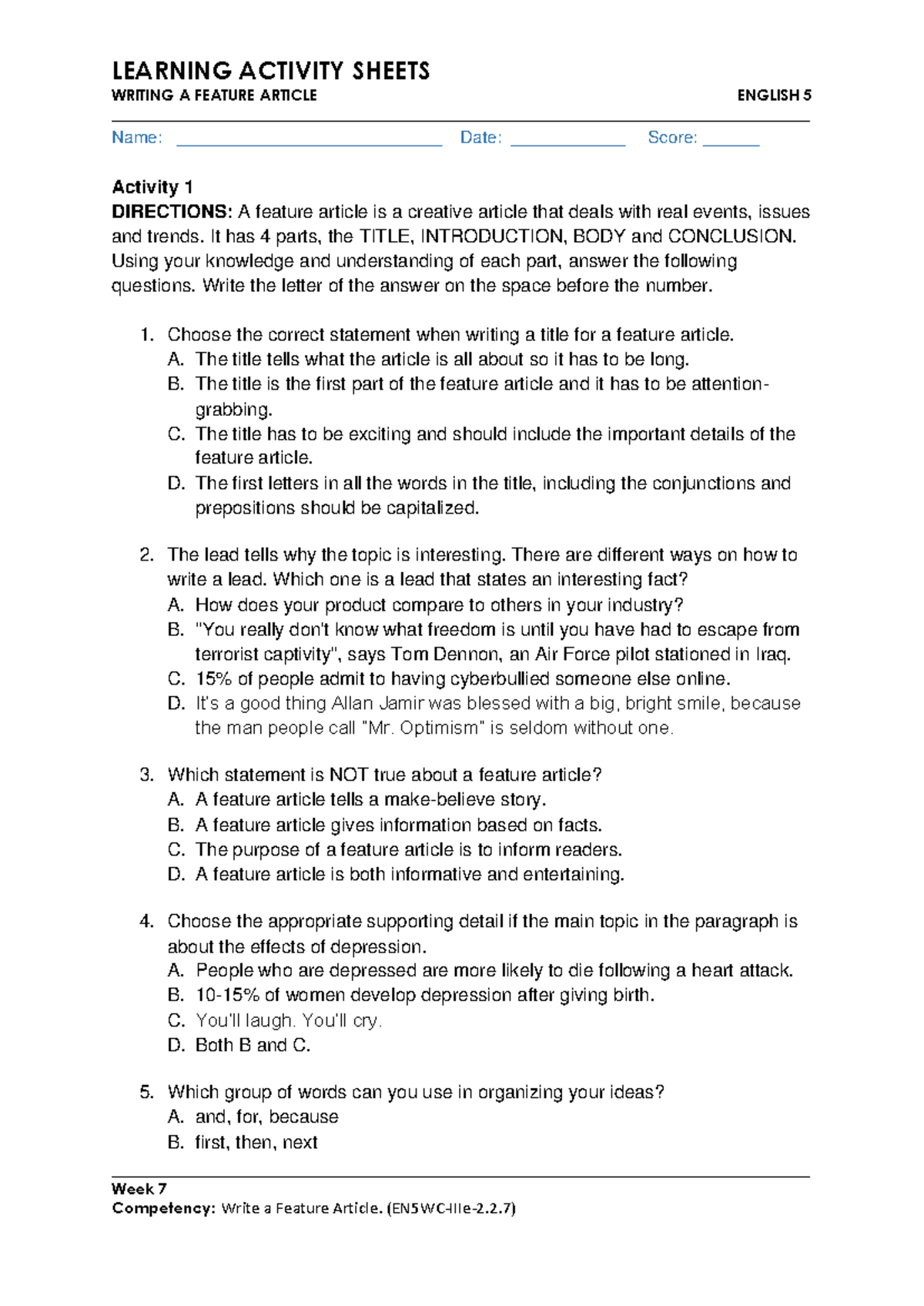 LAS English 5 4Q Writing the feature article - WRITING A FEATURE ...