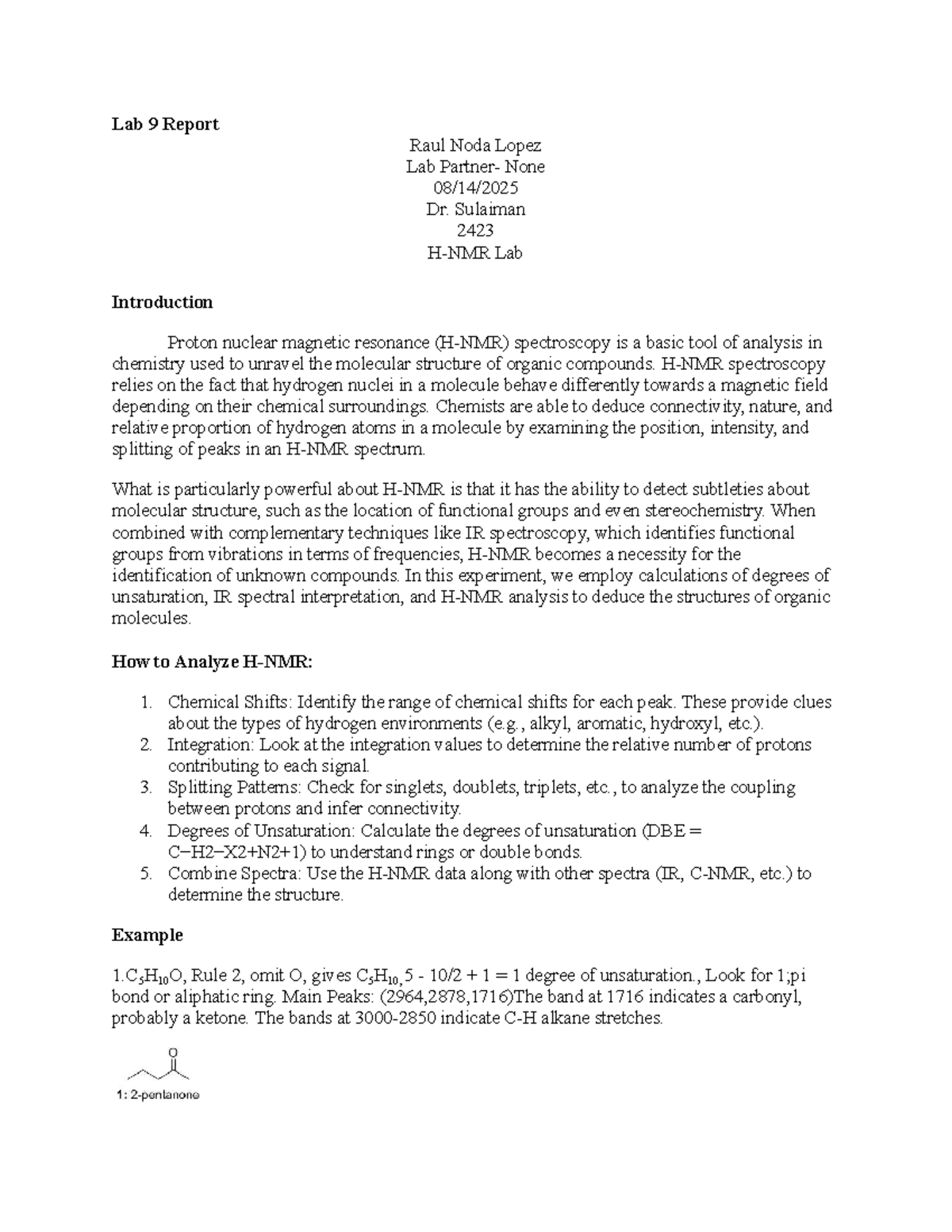 Lab 9 Report: Proton NMR Spectroscopy Analysis and Interpretation - Studocu