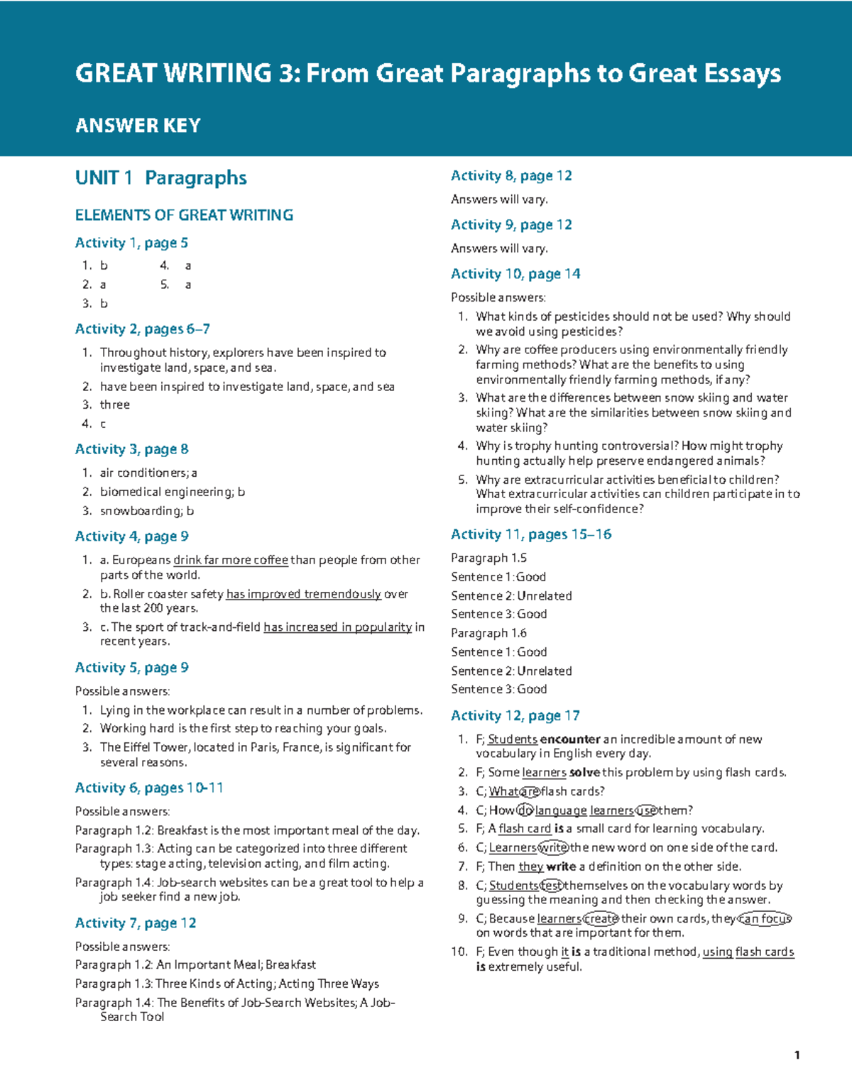 Great Writing 3: Answer Key for 5th Edition Units 1-4 - Studocu