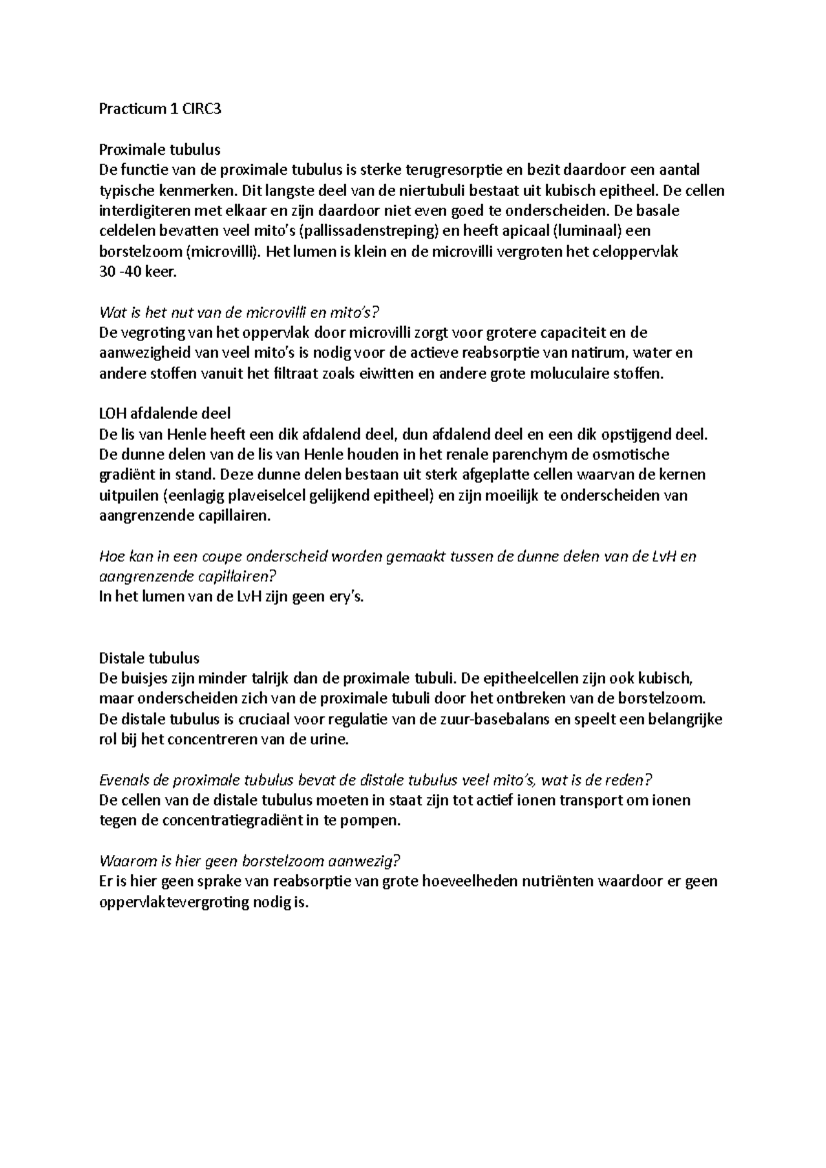 Practicum 1 CIRC3: Fysiologie van de Niertubuli en Kenmerken - Studeersnel