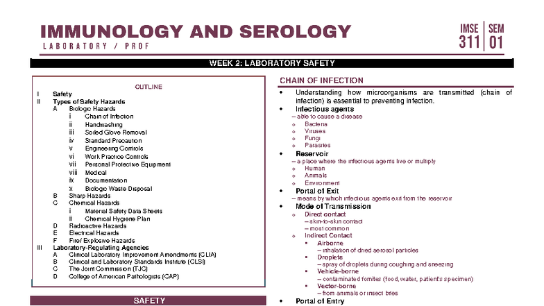 IMSE LAB: Week 2 - Laboratory Safety & Chain of Infection Overview - Studocu
