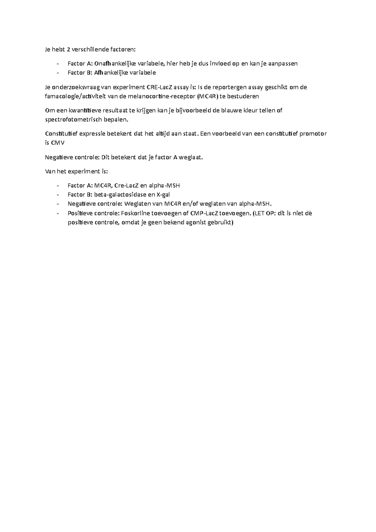EDCC Les 1: Factoren en Experiment CRE-LacZ Assay Uitleg - Studeersnel