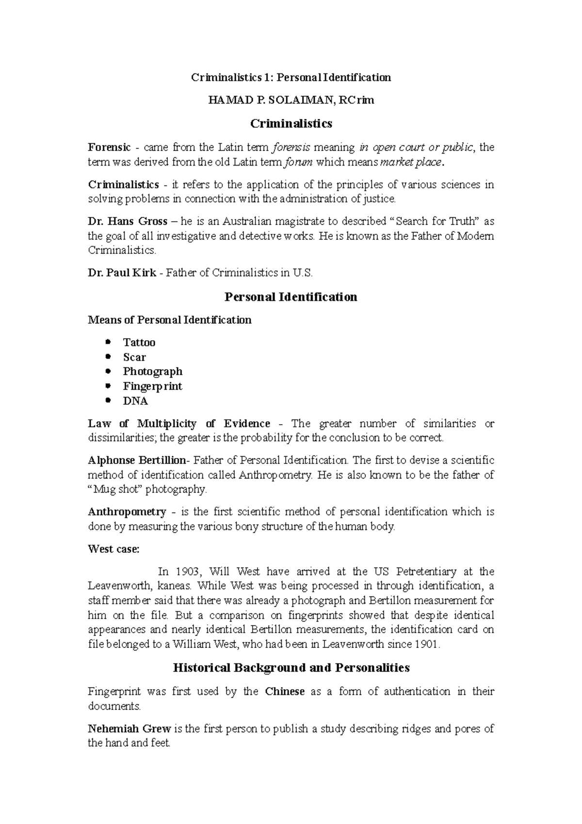 Criminalistics 1 - Personal Identification Overview and Key Concepts ...