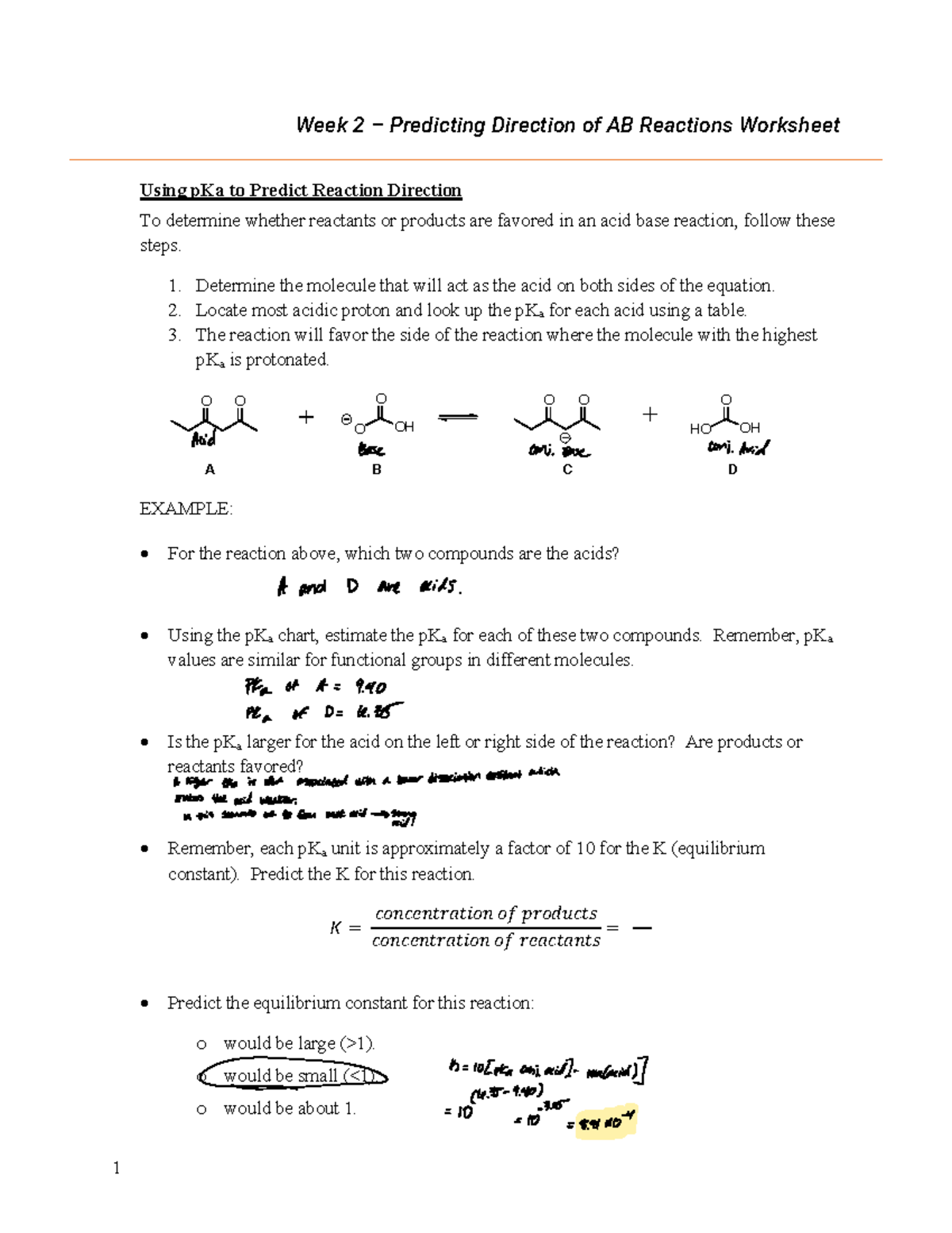 Week 2 Worksheet: Predicting Direction of AB Reactions Using pKa - Studocu