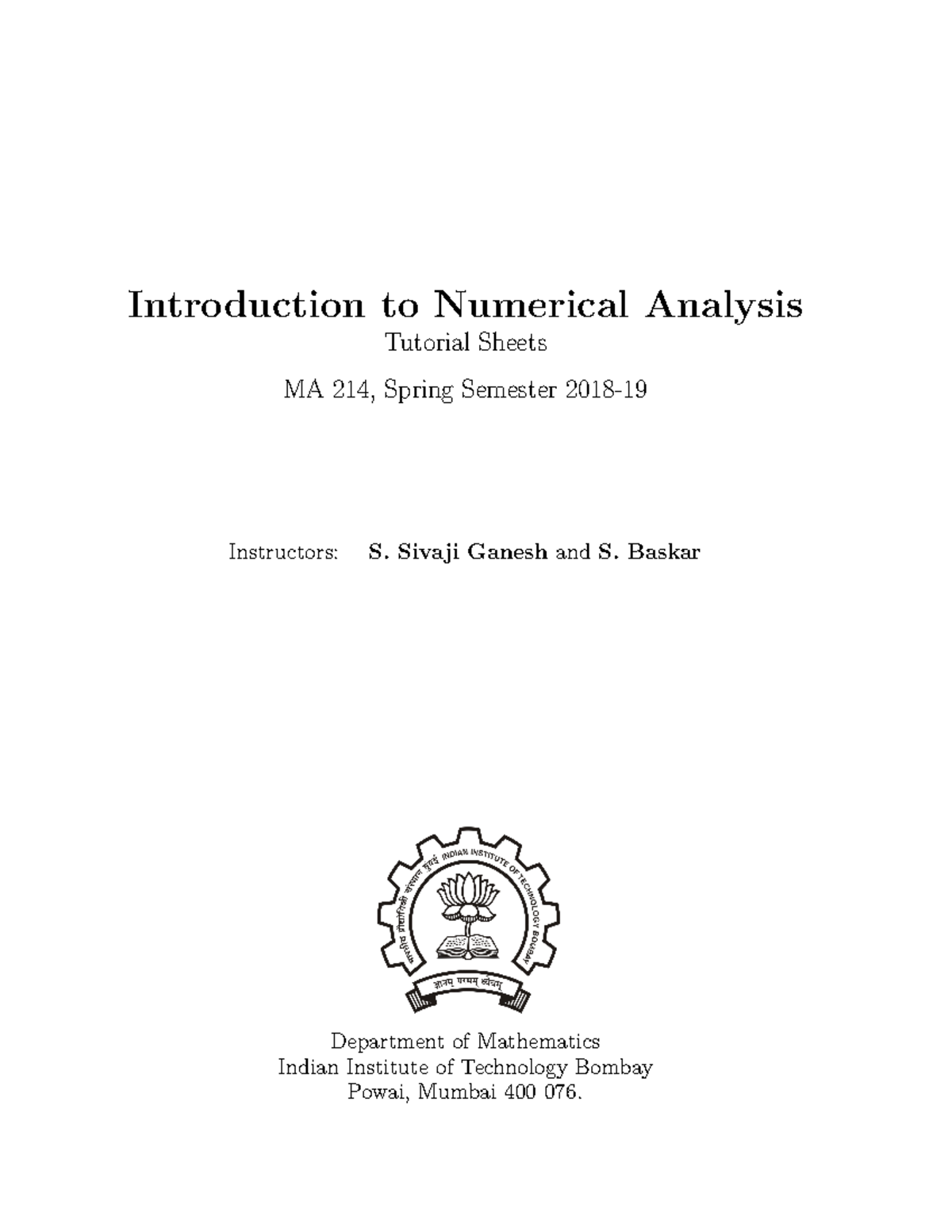Tutorial-NA-MA214 - Introduction to Numerical Analysis Tutorial Sheets ...