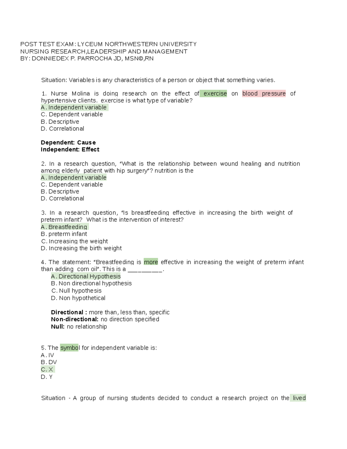 POST TEST EXAM: NURSING RESEARCH, LEADERSHIP & MANAGEMENT (NRLM) - Studocu