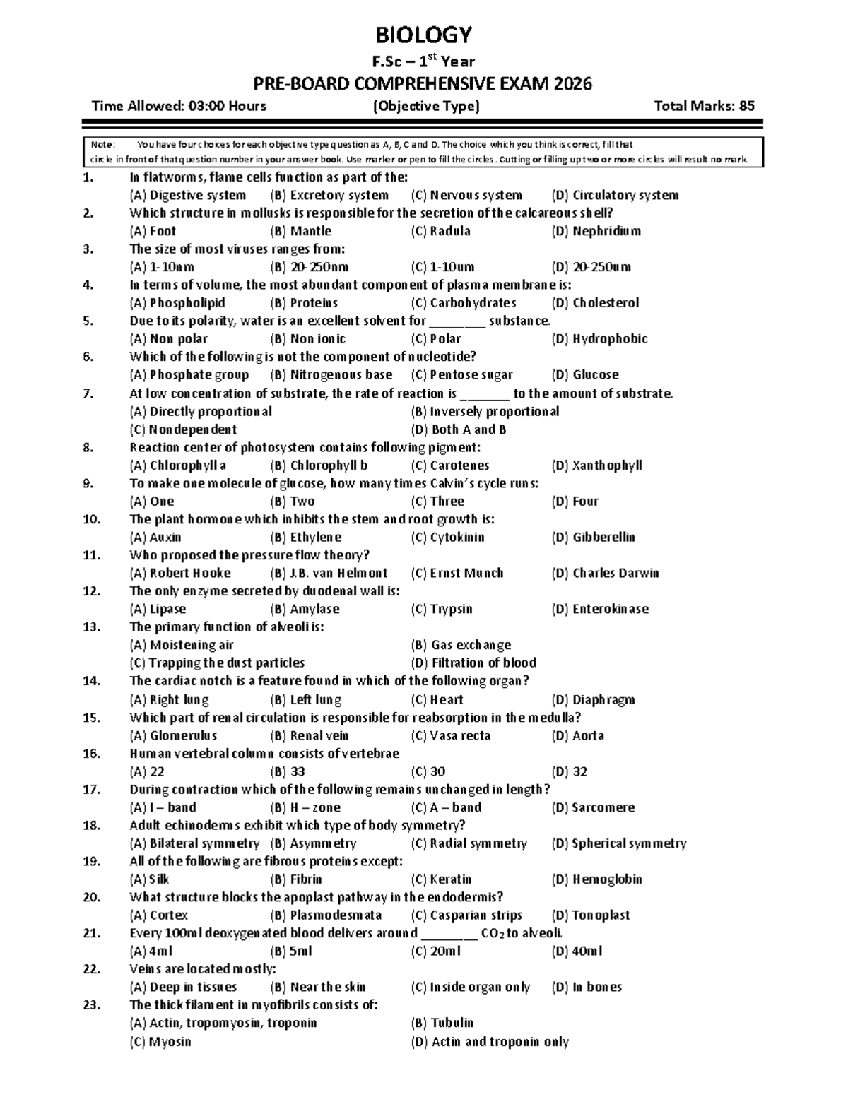BIOLOGY F.Sc 1st Year COMPREHENSIVE EXAM 2026 Objective Type Questions ...