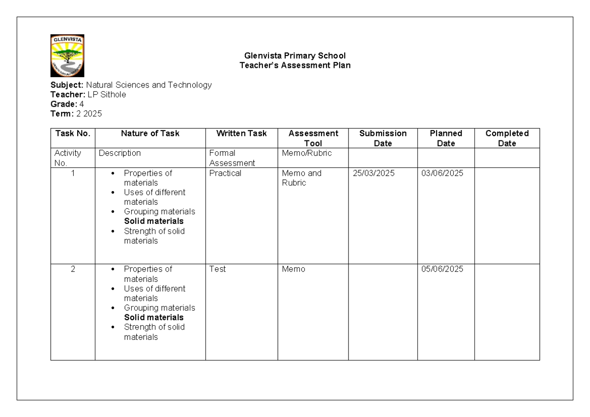 Grade 4 Term 2 Nst Tap - test - Glenvista Primary School Teacher’s ...