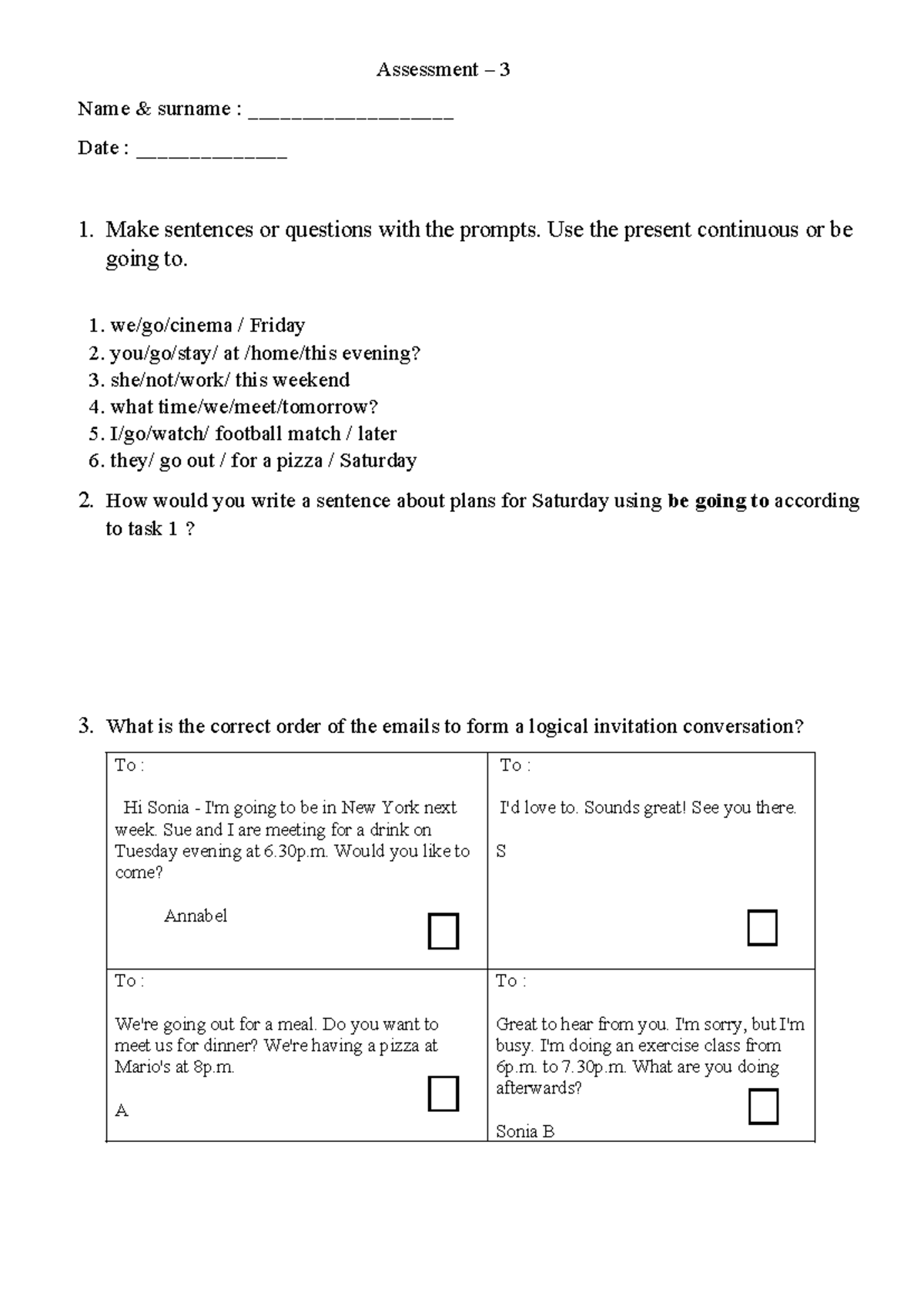 Assessment 3 - English Test: Present Continuous & Plans - Studocu