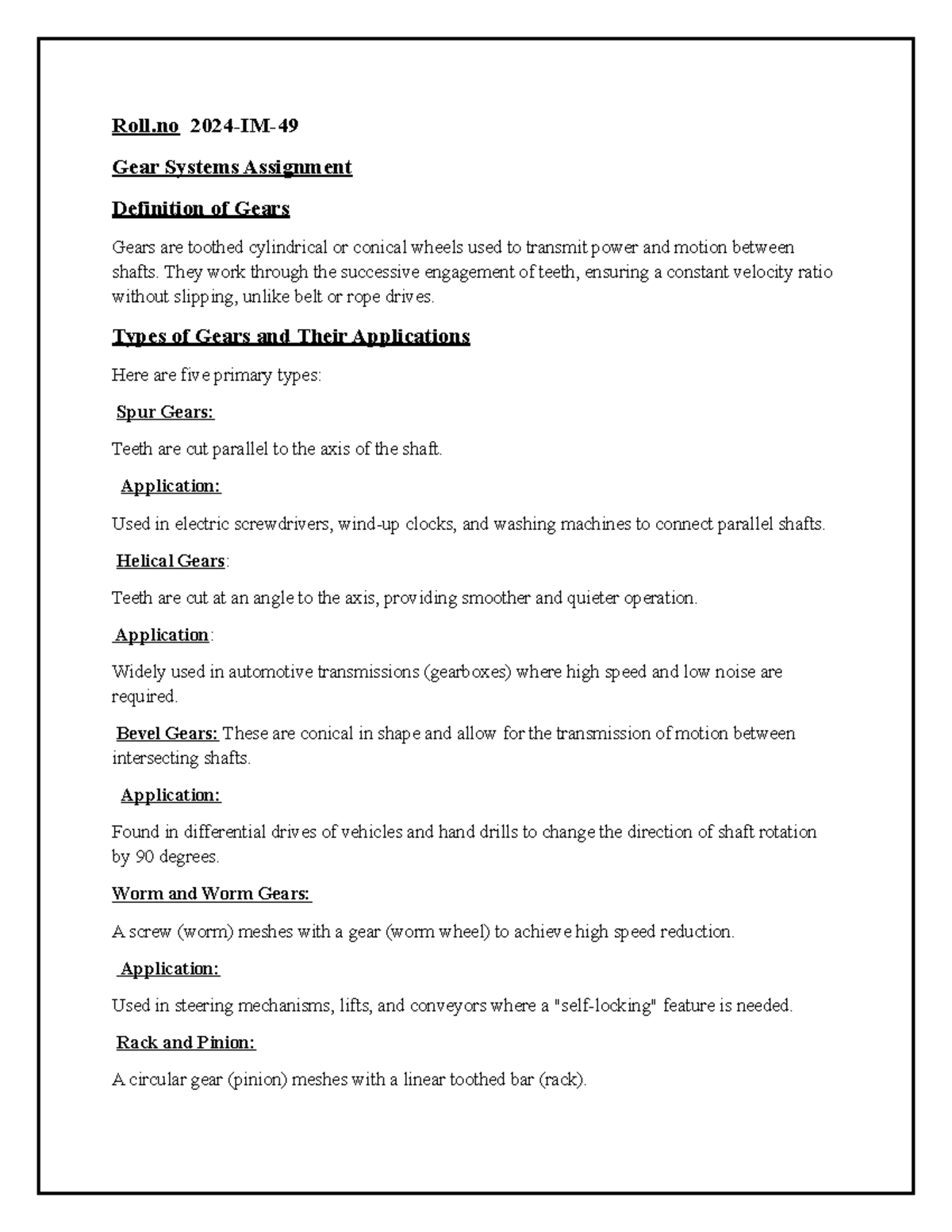 Assignment 2: Gear Systems Overview and Applications - Studocu