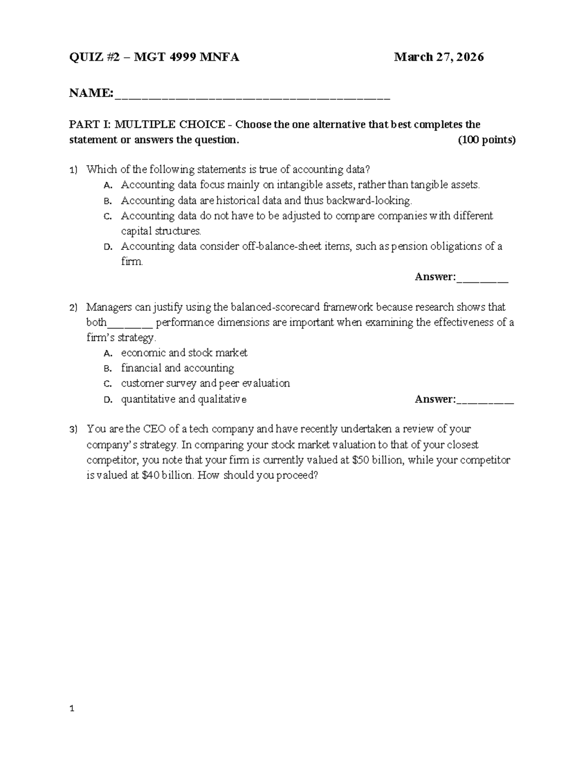 QUIZ #2 - MGT 4999 - MNFA - Spring 2026: Multiple Choice Questions ...