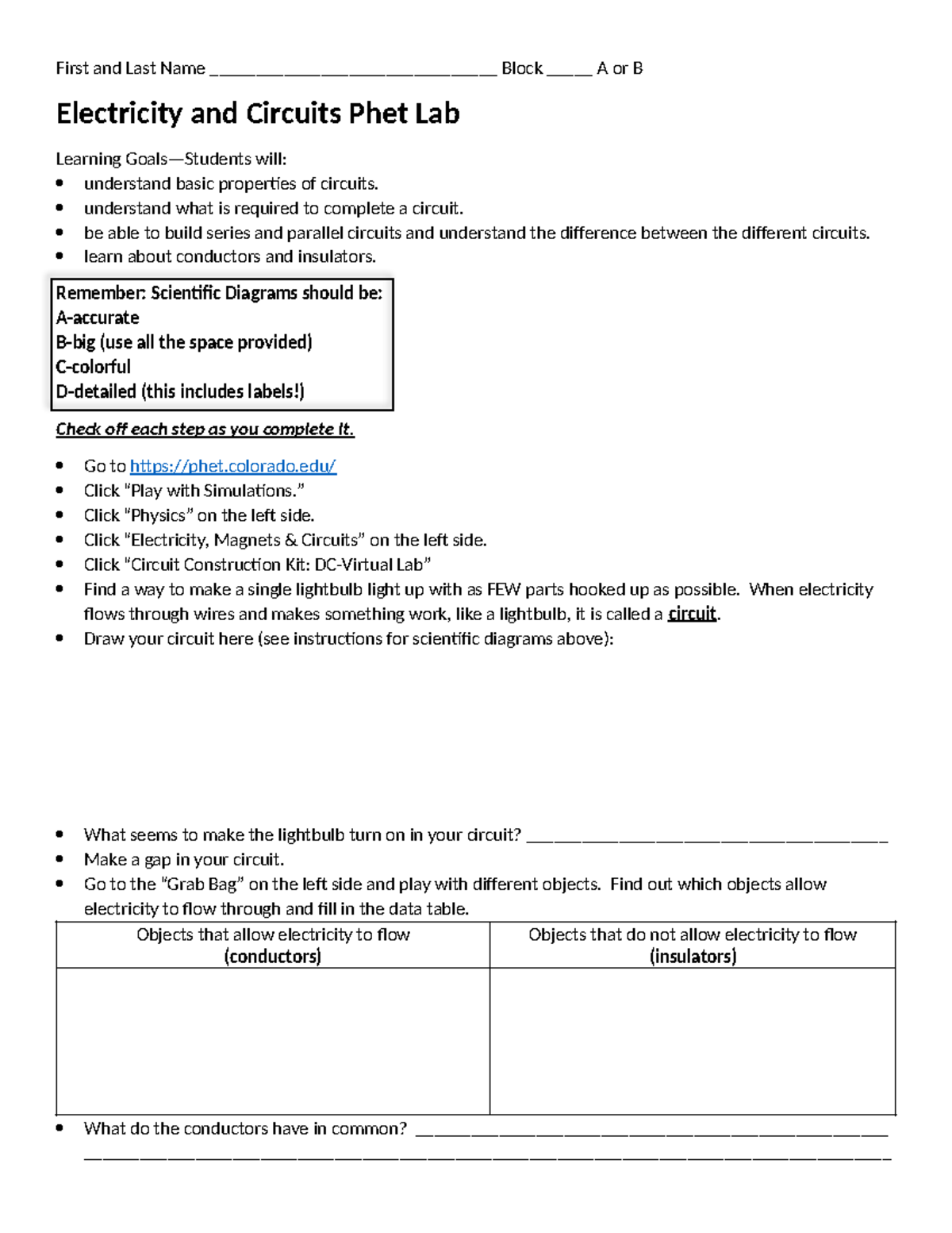 Electricity and Circuits Phet Lab (Block A/B) - Learning Goals & Steps ...