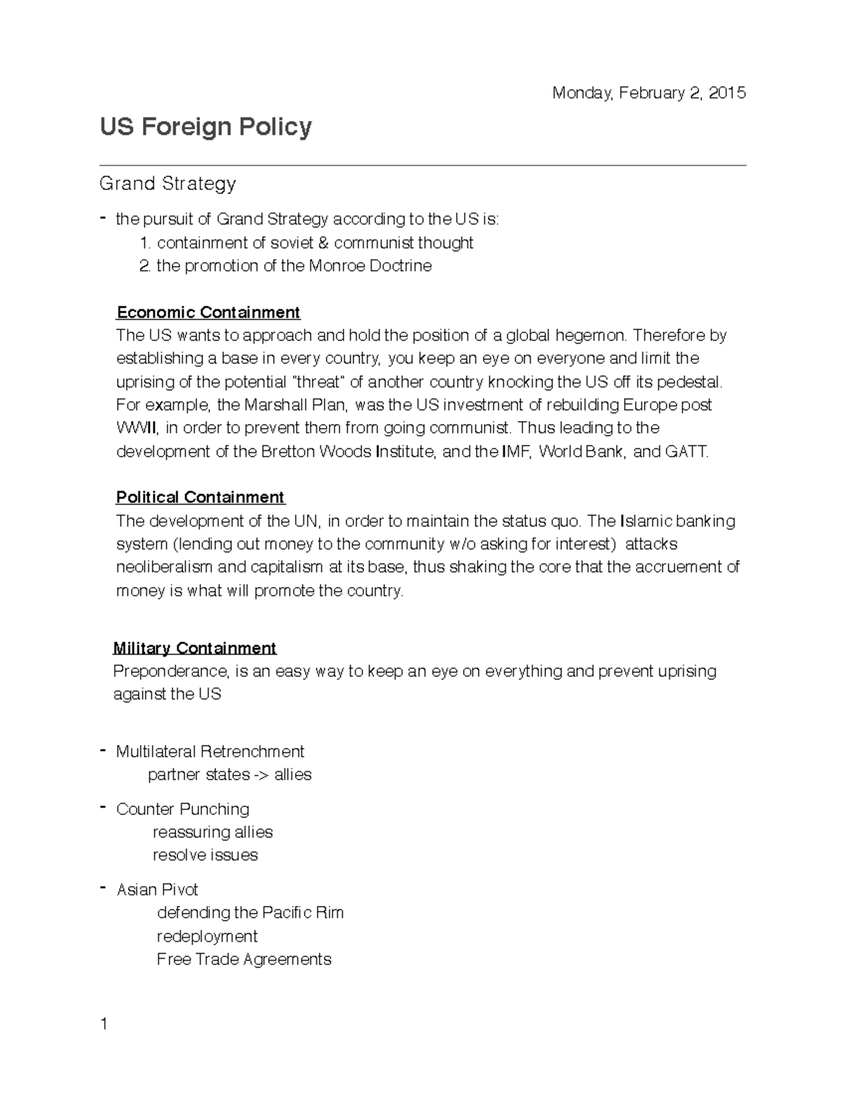 US Foreign Policy Overview: Grand Strategy & Containment Notes - Studocu