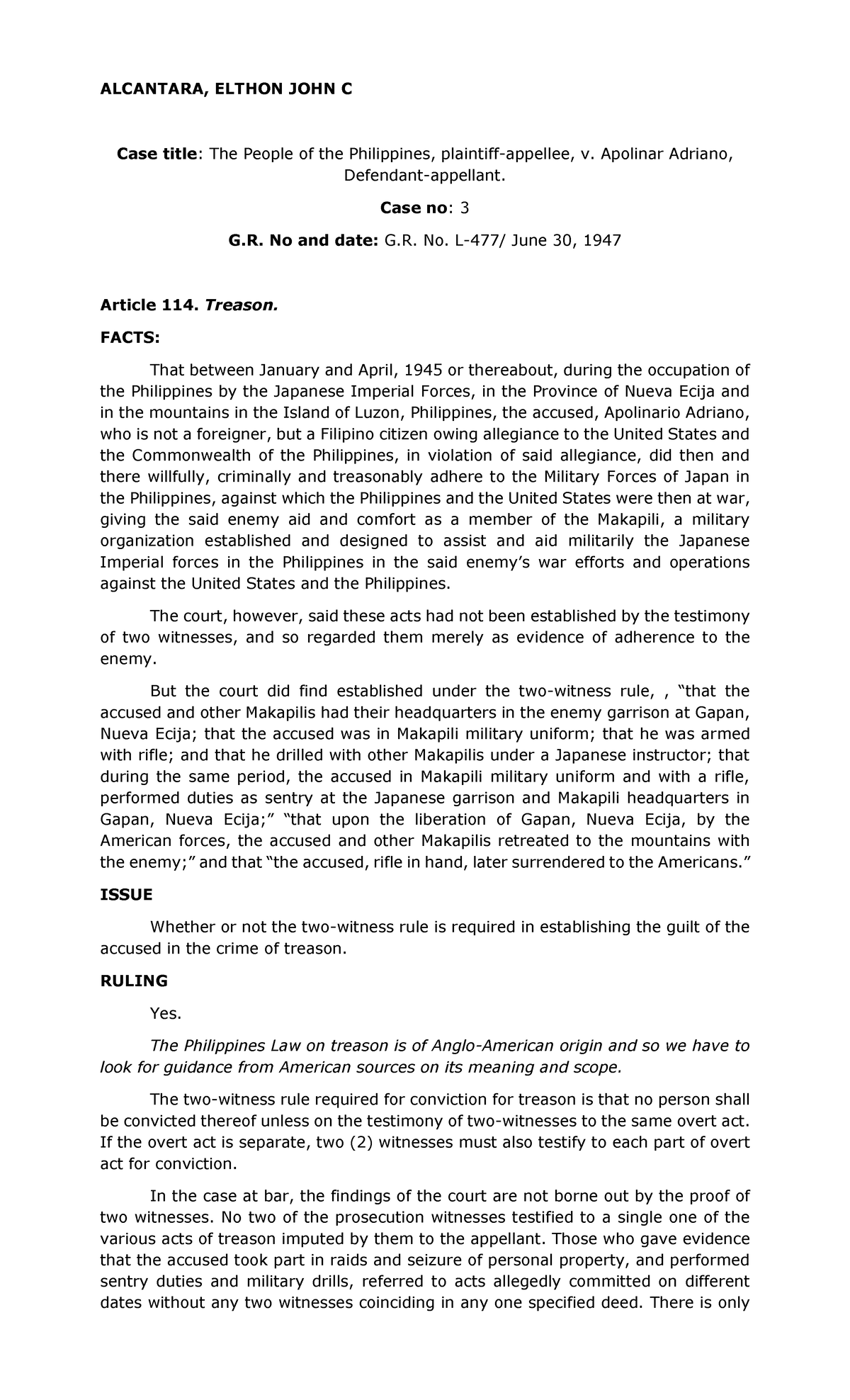 People v. Adriano, G.R. No. L-477, Treason and Two-Witness Rule - Studocu