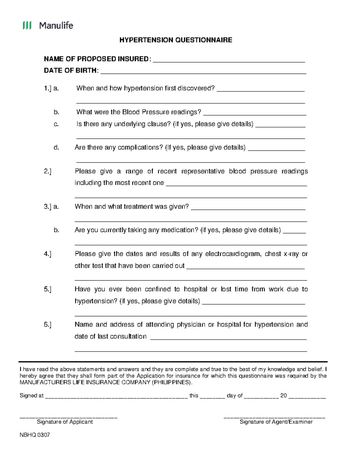 MP Hypertension Questionnaire for Insurance Application - Studocu