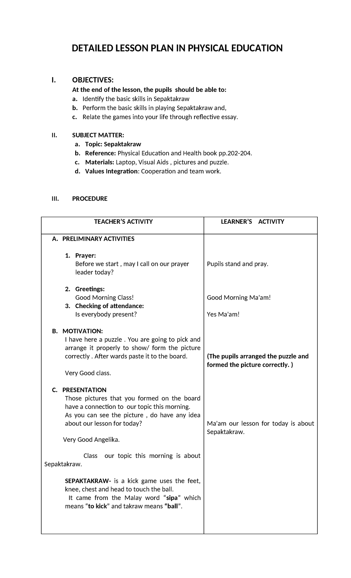 Detailed Lesson Plan: Sepaktakraw in PE I - Studocu