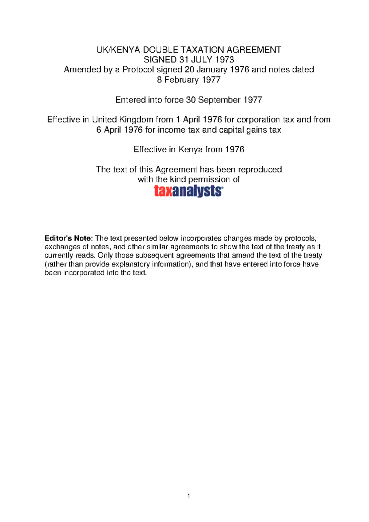 UK-Kenya Double Taxation Agreement (DTA) Consolidated Text - Studocu