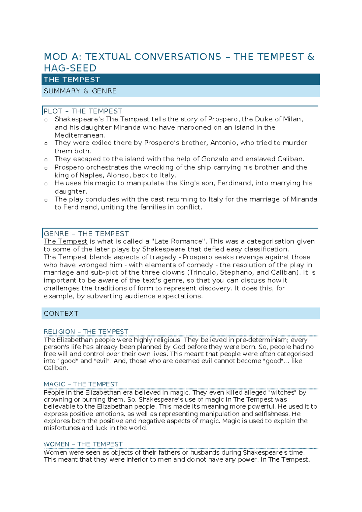 HSC English MOD A Summary: 'The Tempest' & 'Hag-Seeds' Analysis - Studocu