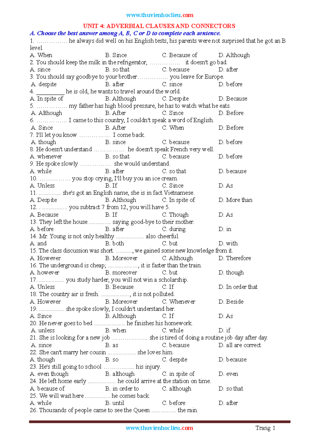 UNIT 4: Understanding Adverbial Clauses and Connectors Practice - Studocu