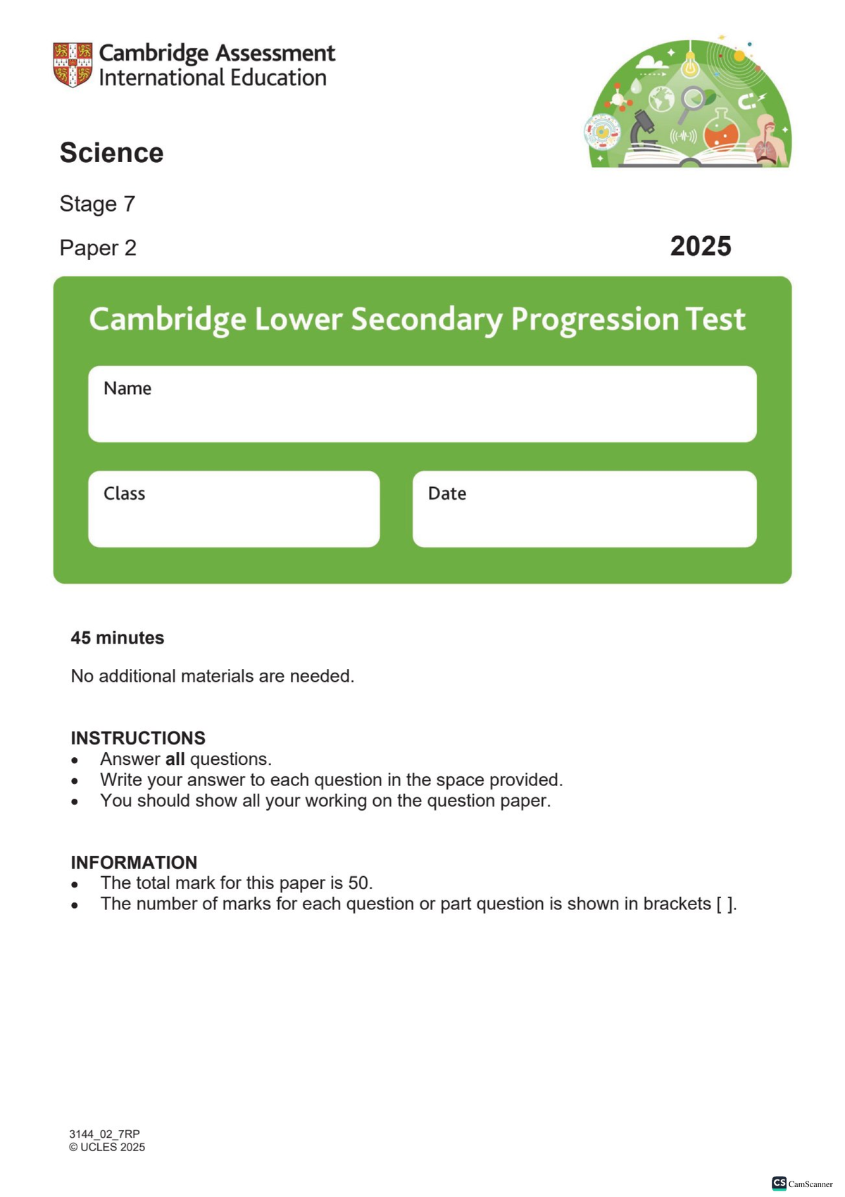 Science Stage 7 Paper 2 - Cambridge Lower Secondary Progression Test ...