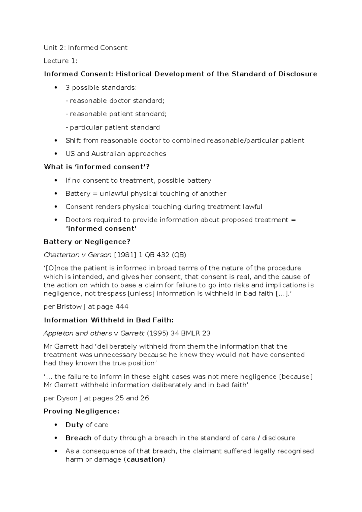 Unit 2: Informed Consent Lecture Notes on Standards of Disclosure and ...