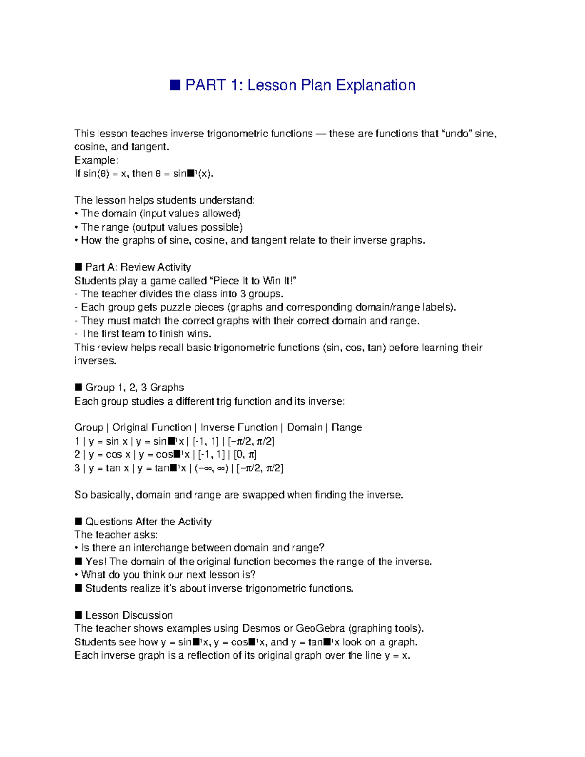 Inverse Trigonometric Functions Lesson Plan (STEM 3A) - Studocu
