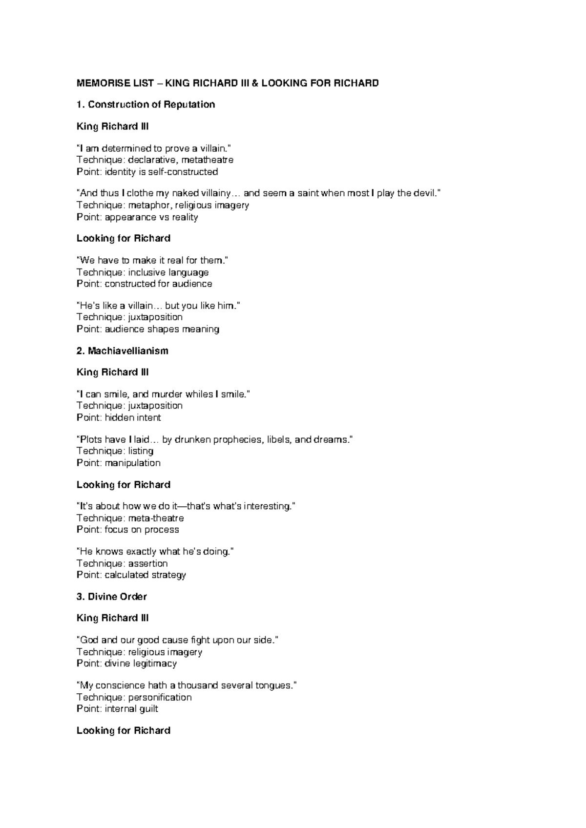 King Richard LFR: Memorise List of Key Themes and Techniques - Studocu
