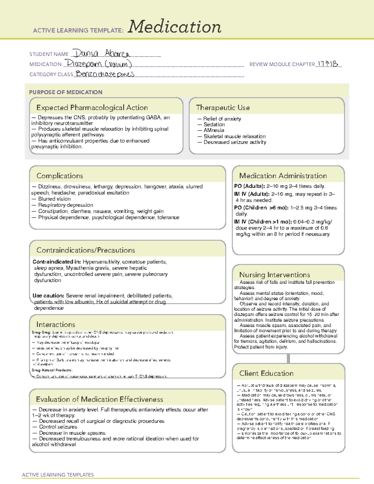 Active Learning Template: Diazepam (Valium) Medication Review - ATI ...