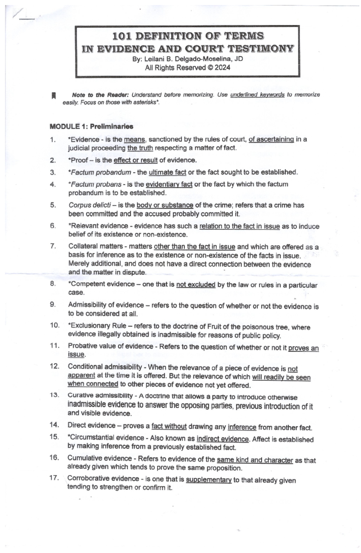 101 Definitions of Terms in Evidence & Court Testimony (JD) - Studocu