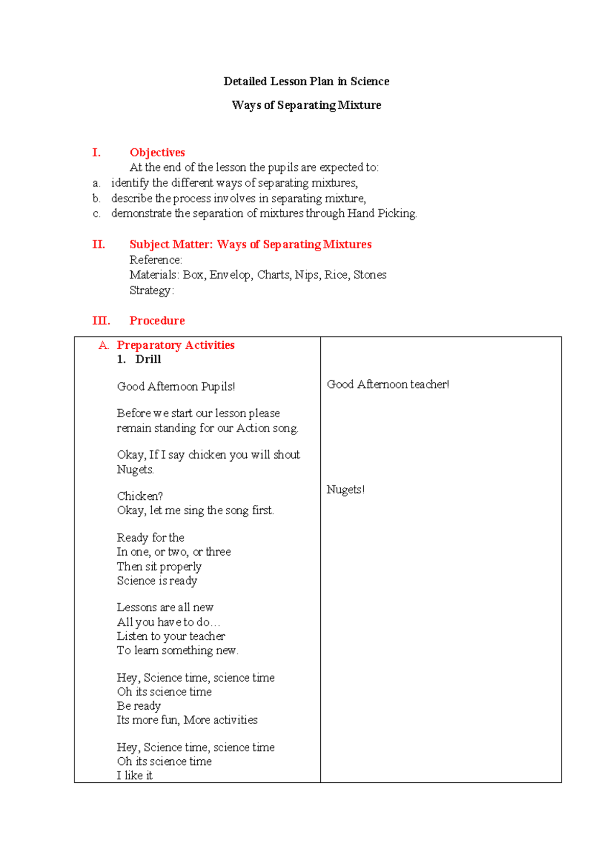 LESSON PLAN: METHODS FOR SEPARATING MIXTURES IN SCIENCE - Studocu
