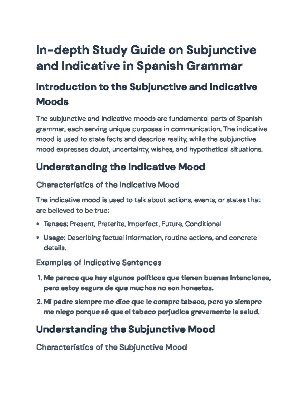 In-depth Study Guide on Subjunctive and Indicative in Spanish Grammar ...