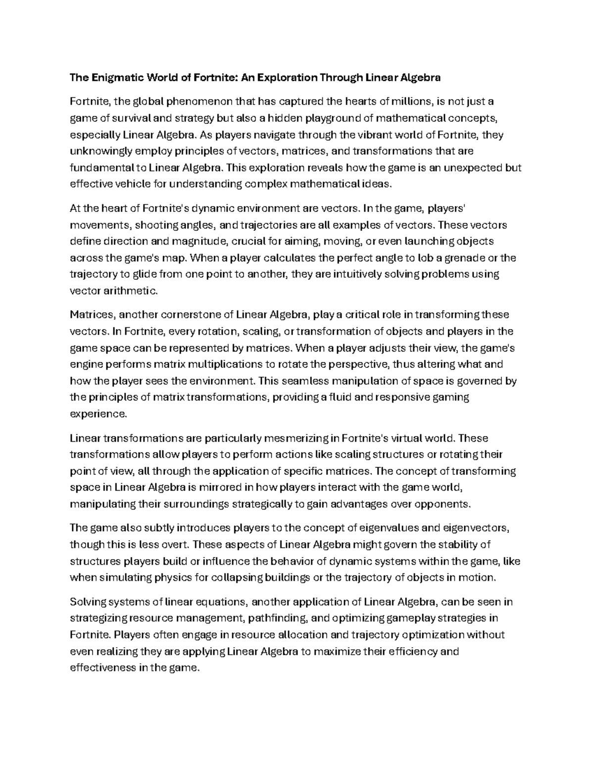 Unit 5 Essay: Understanding Linear Algebra Through Fortnite's Gameplay ...