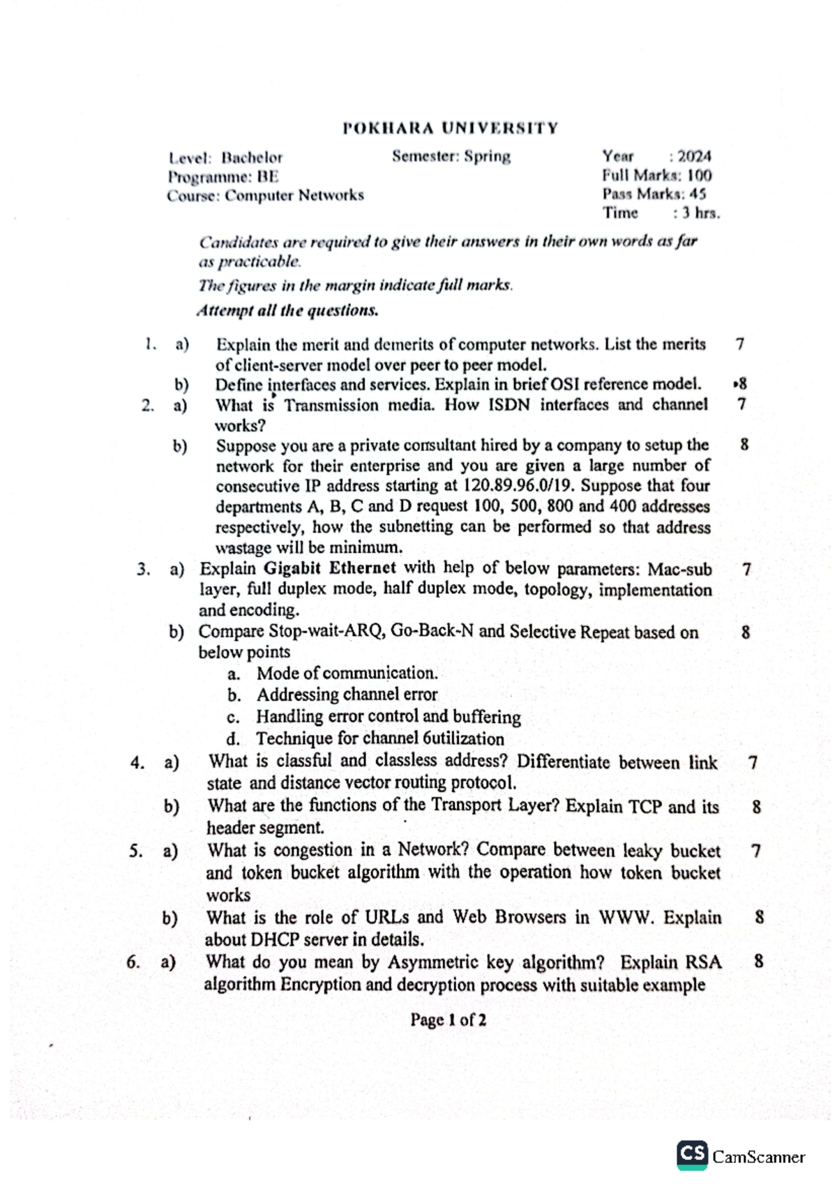 Computer Networks Exam Questions & Syllabus - BE Spring 2024 (CS) - Studocu