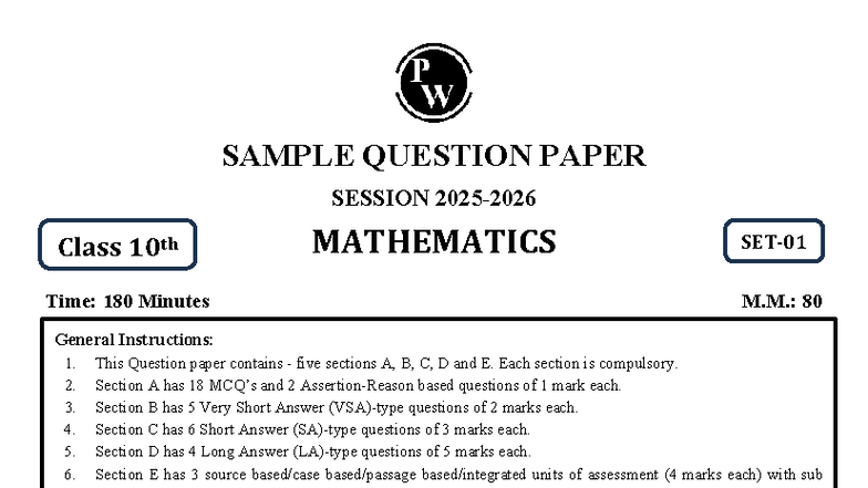 Class 10th Mathematics Sample Question Paper - Studocu