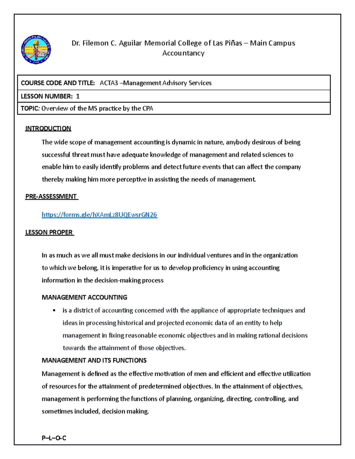 Chapter 1 Overview of MS practice by the CPA - Accountancy COURSE CODE ...