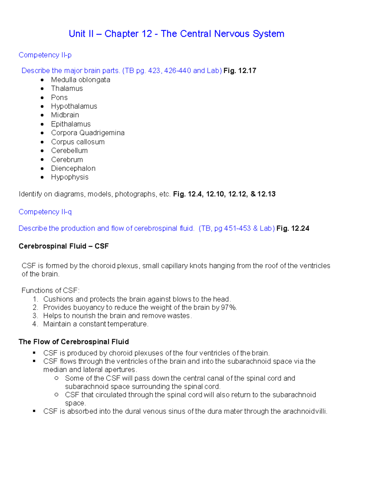CNS Structure and Function: Key Competencies (Unit II, Chapter 12 ...
