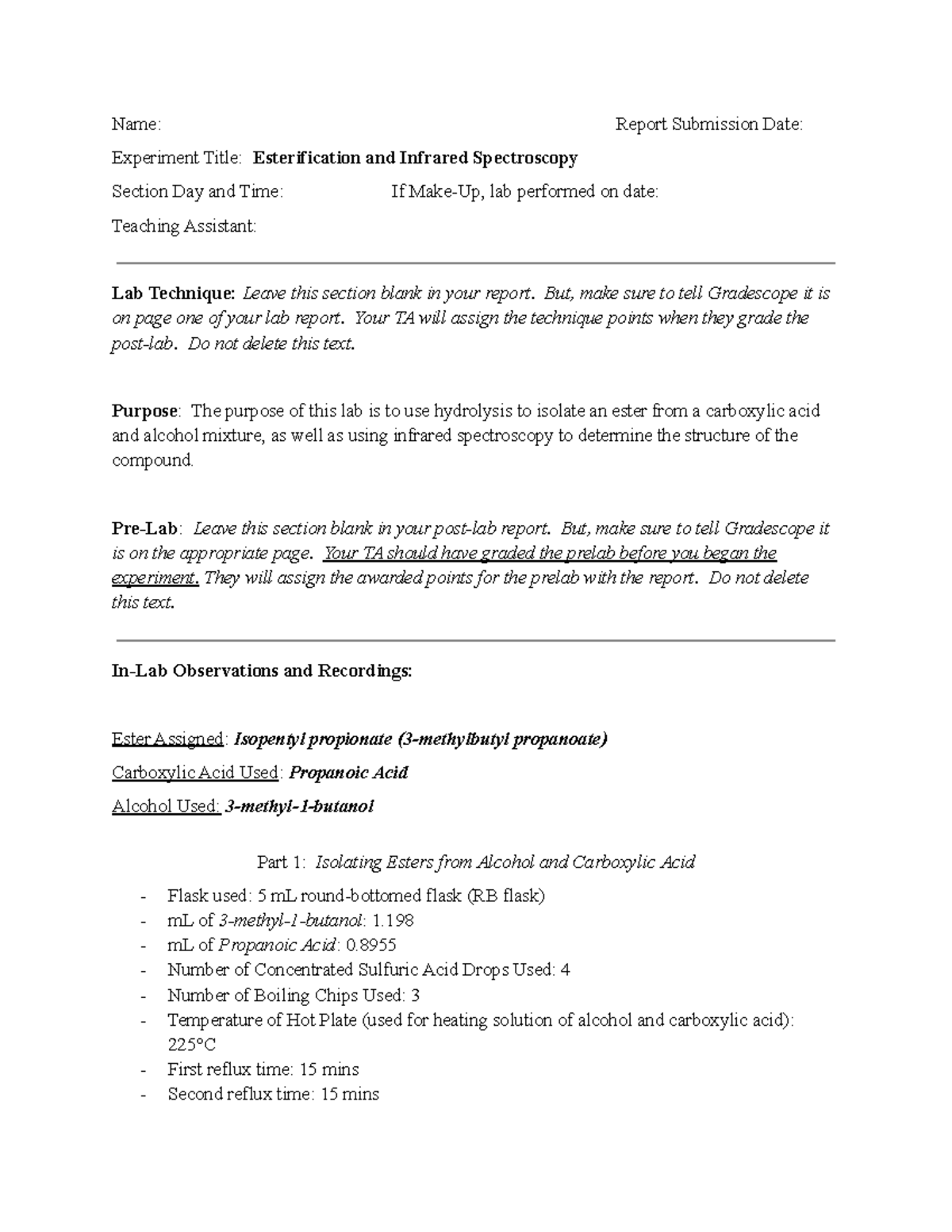 Esterification Lab Report: IR Analysis of 3-Methylbutyl Propanoate - Studocu