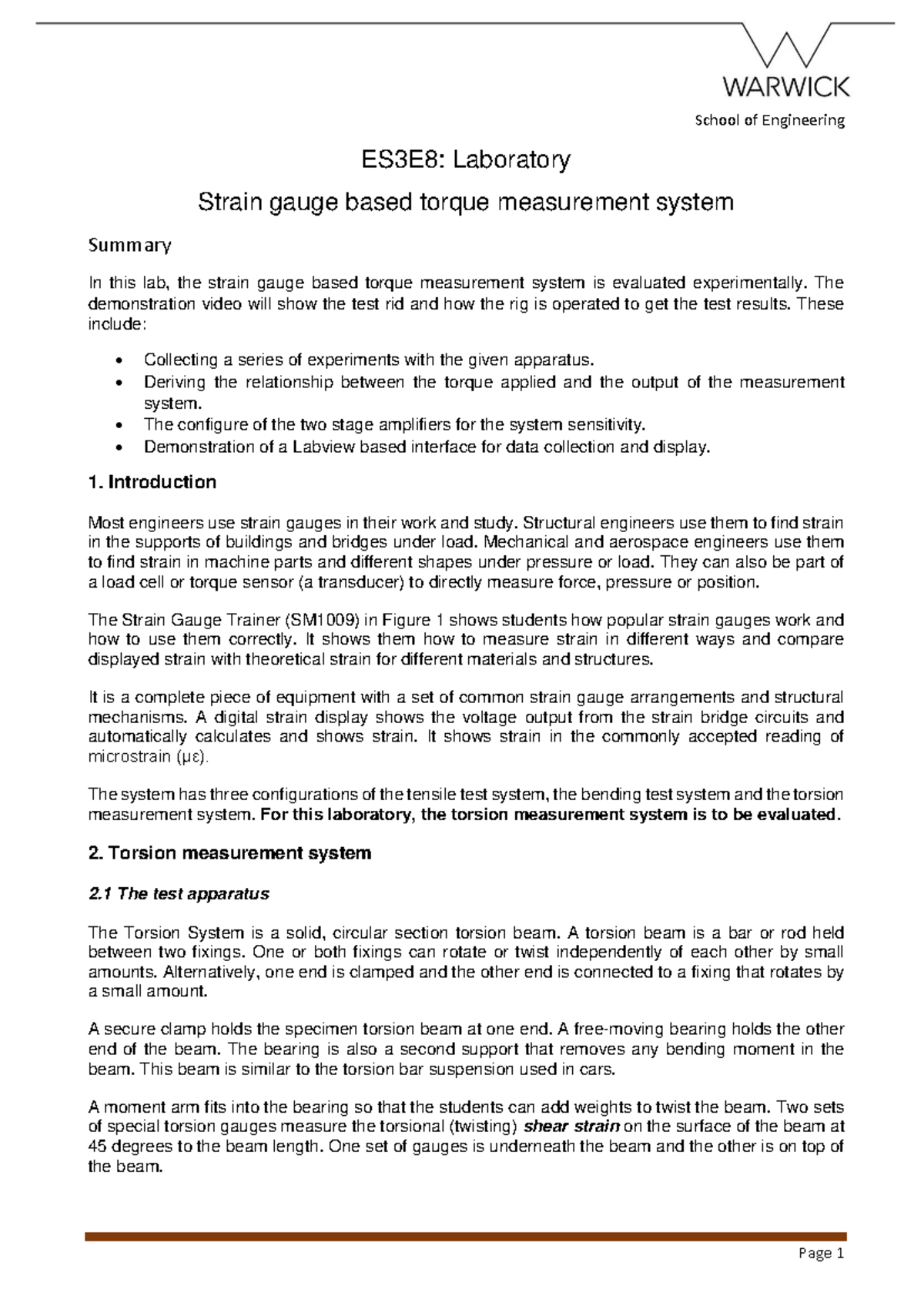 ES3E8: Strain Gauge Lab Overview and Torque Measurement System - Studocu