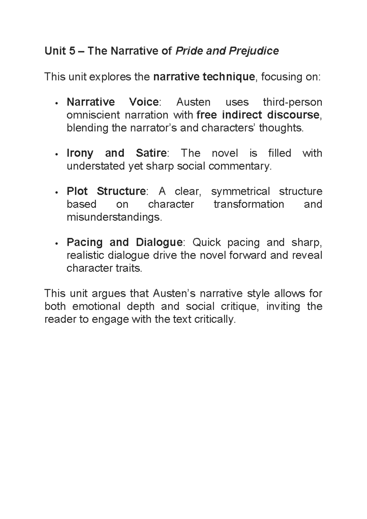 Unit 5-6 Summary: Narrative Techniques in Pride & Prejudice - Studocu