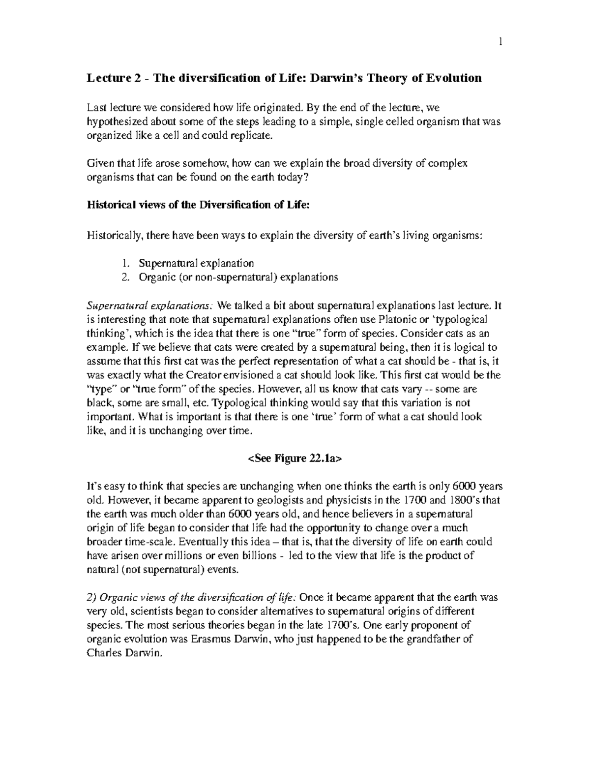 Lecture 2: Darwin’s Theory of Evolution and Diversification of Life ...