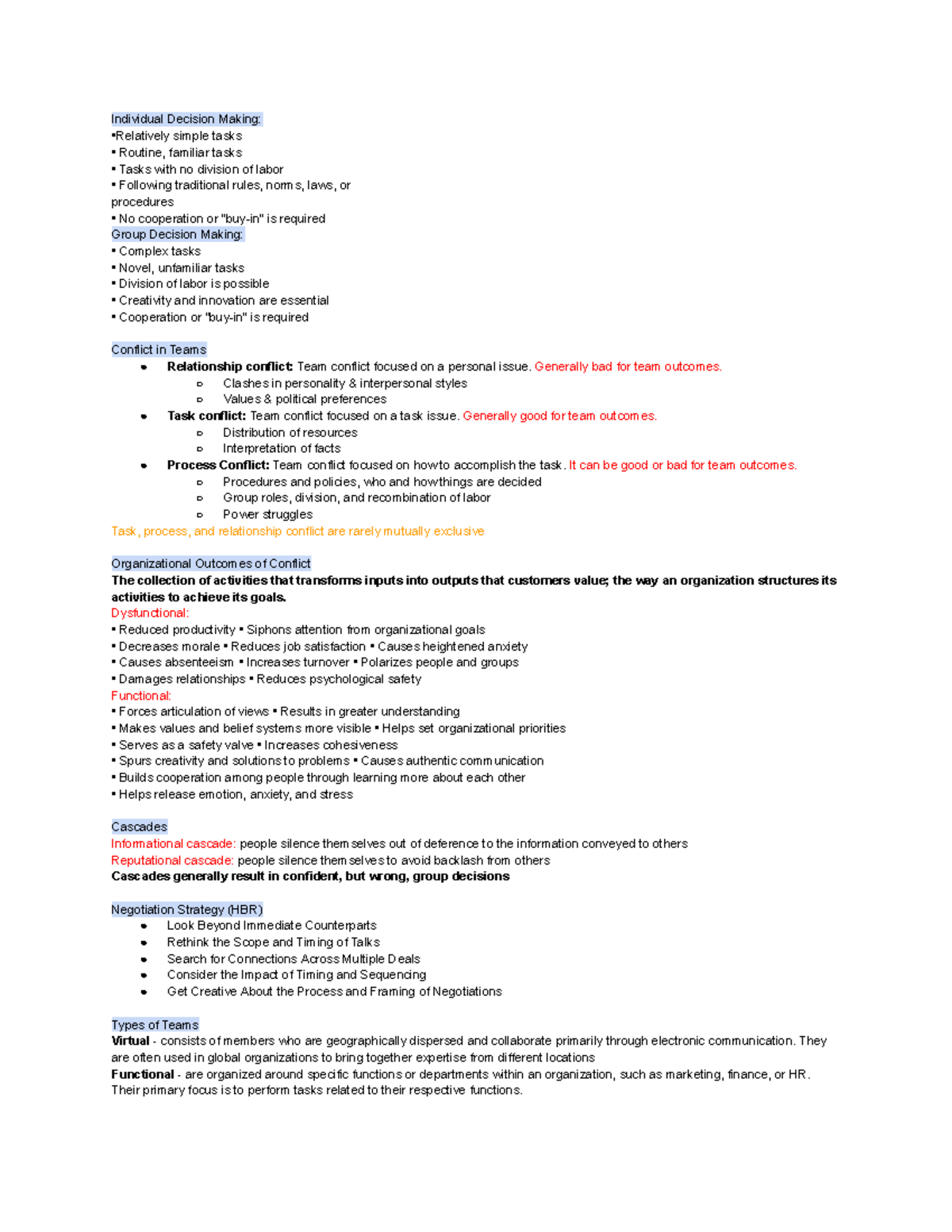 TECH 3700 Decision Making and Team Conflict Class Notes - Studocu