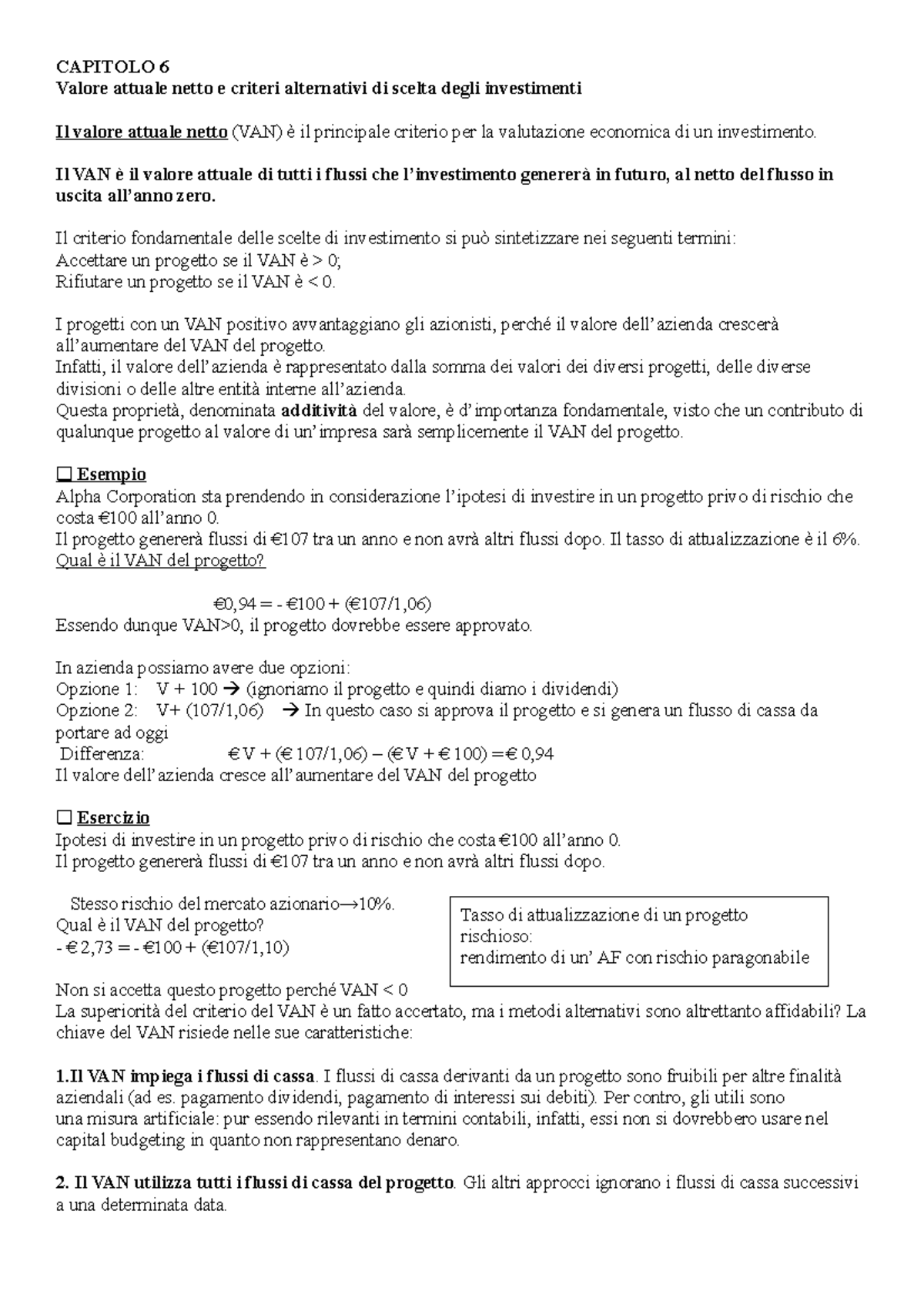 Capitolo 6: Valore Attuale Netto e Scelta Investimenti - Studocu