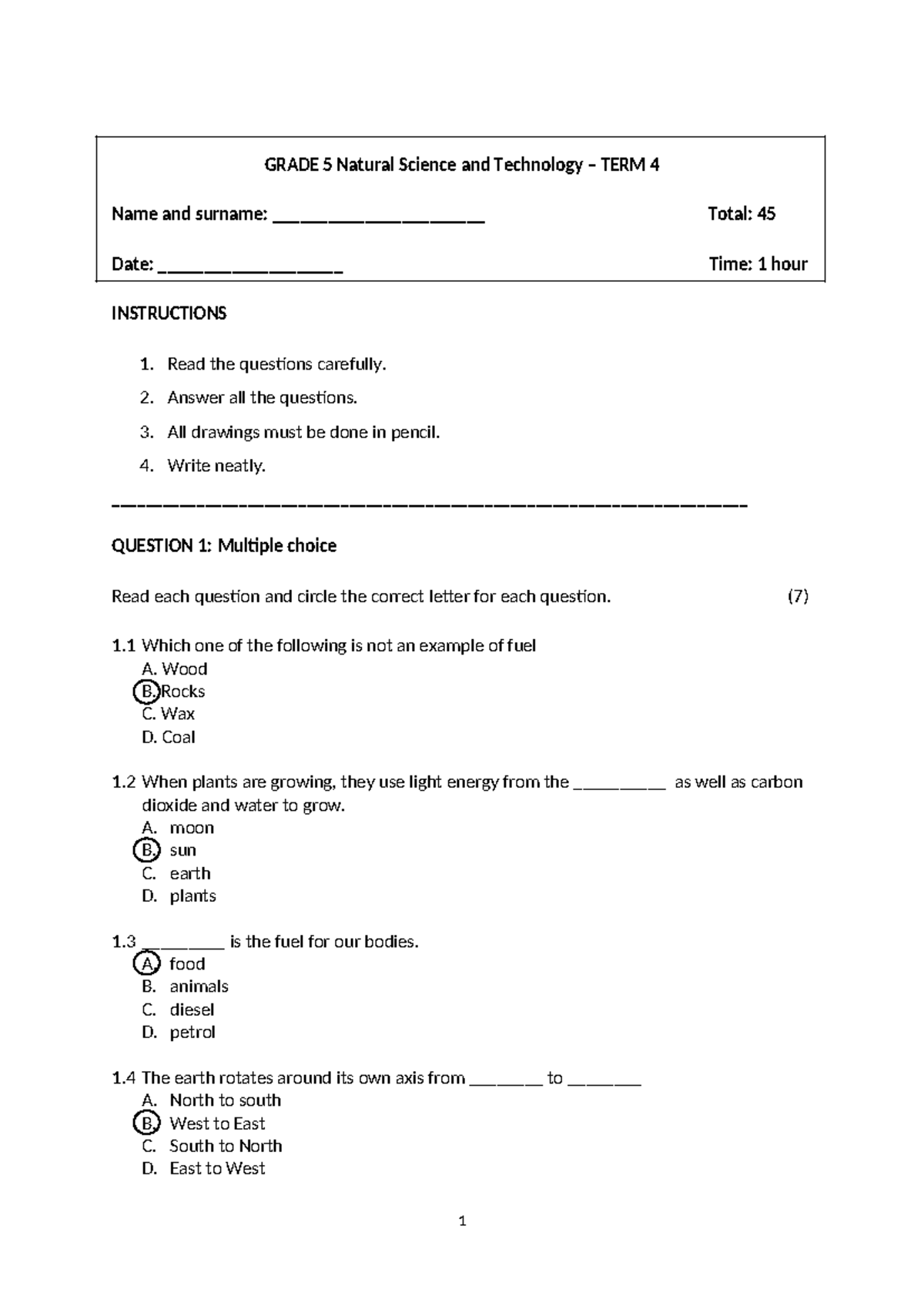GRADE 5 Natural Science & Tech Term 4 Test - Studocu