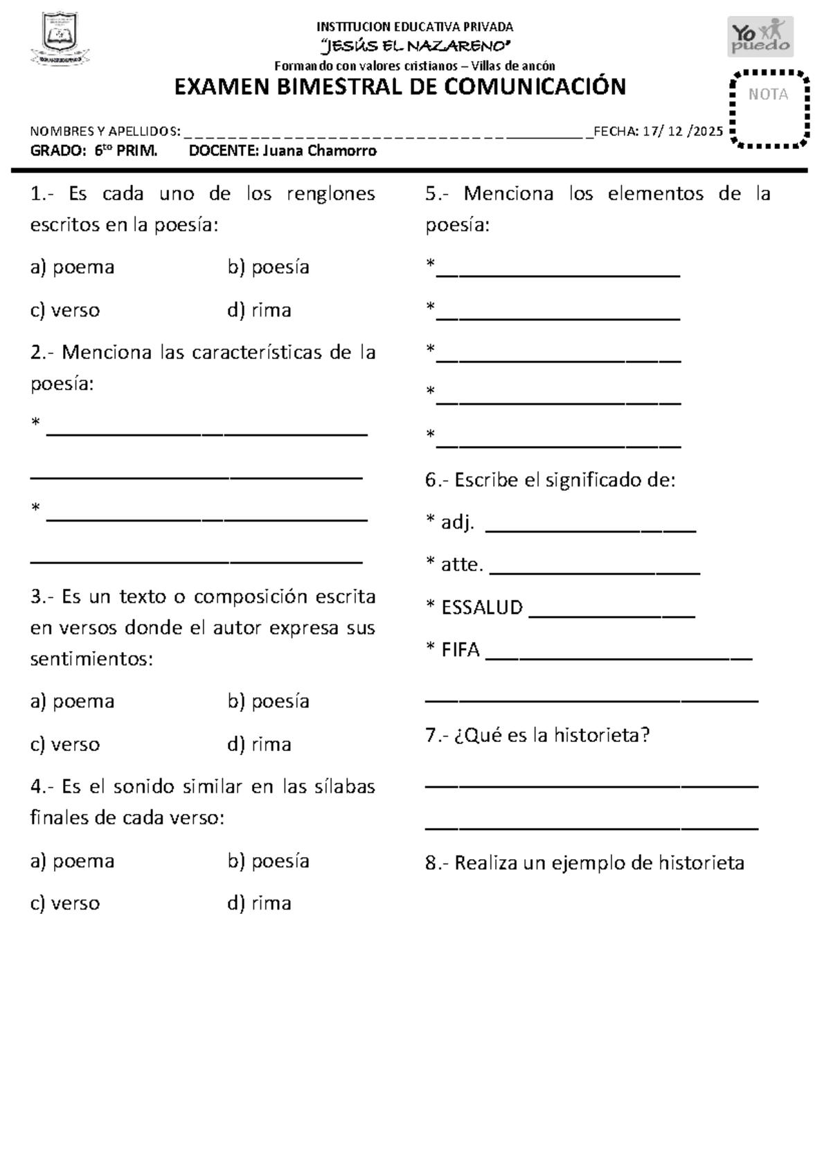EXAMEN BIMESTRAL DE COMUNICACIÓN 6to PRIM - Comun Bimes - Studocu